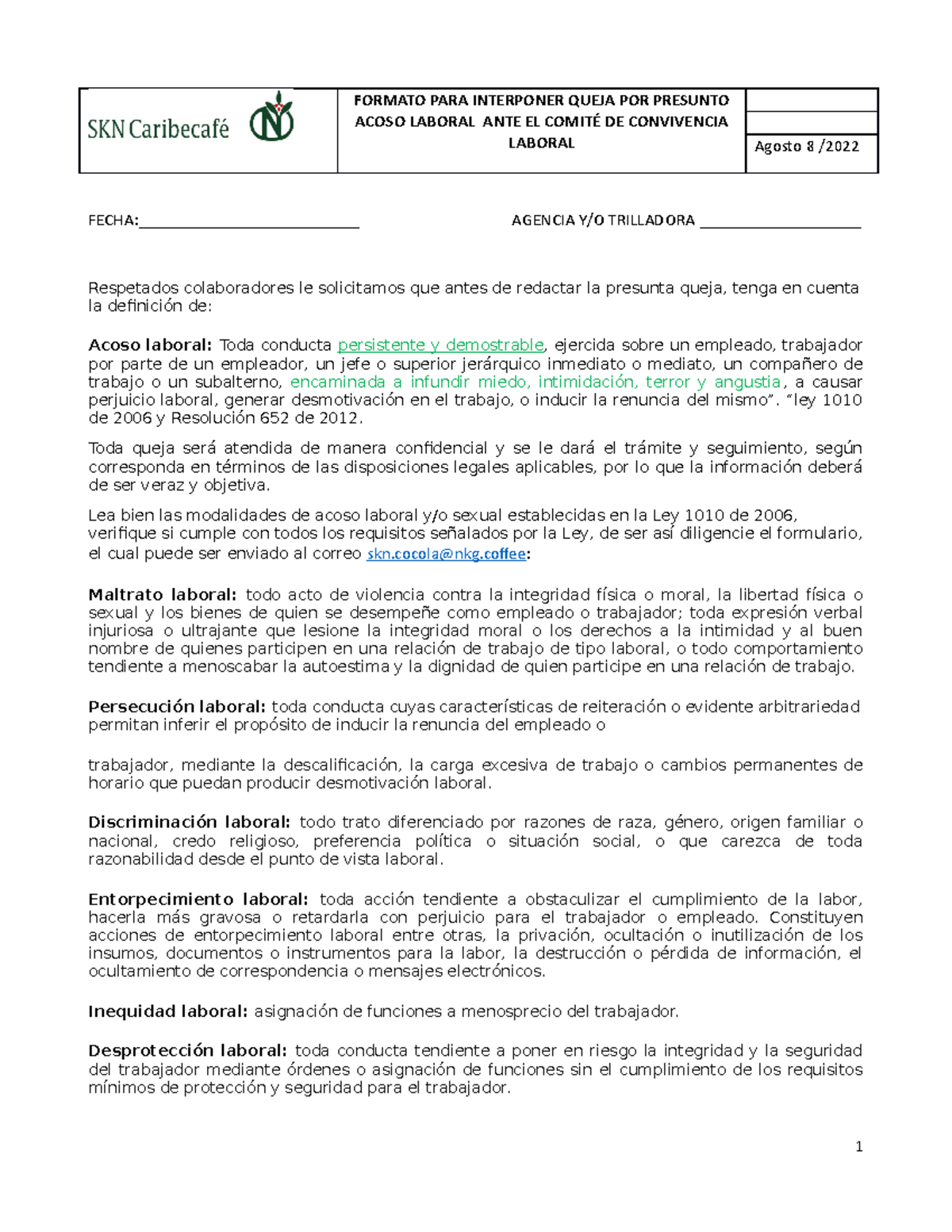 Formato Queja Por Presunto Acoso Laboral Formato Para Interponer