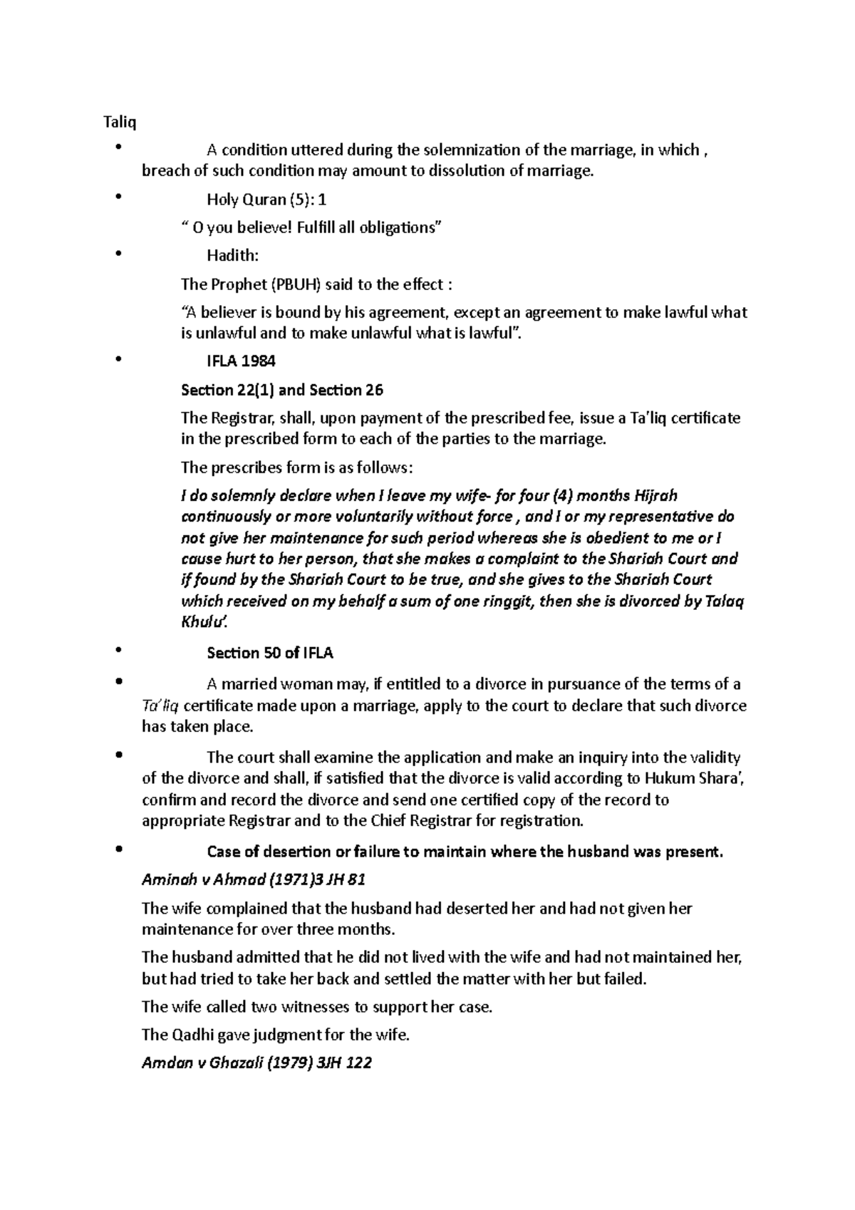 Taliq - divorce notes for exam purposes - Taliq A condition uttered ...