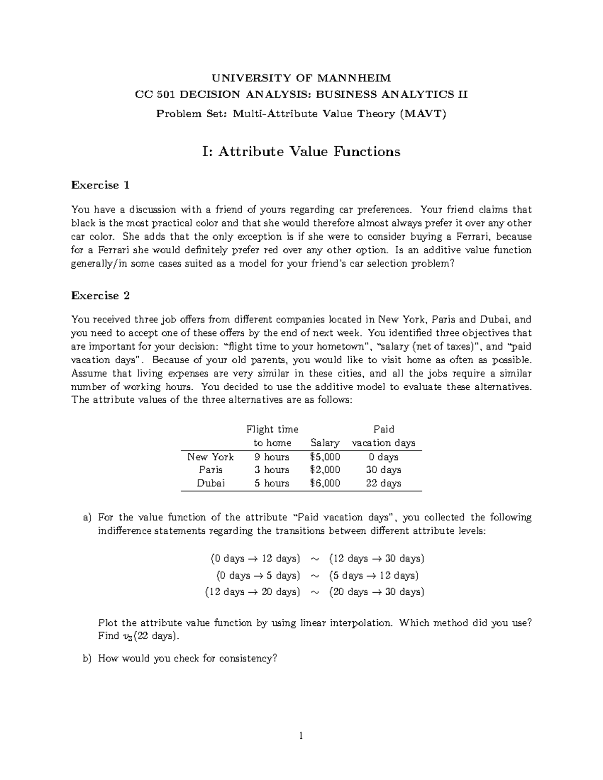 Problem Set 01 MAVT - Exercises of first Lecture - UNIVERSITY OF ...