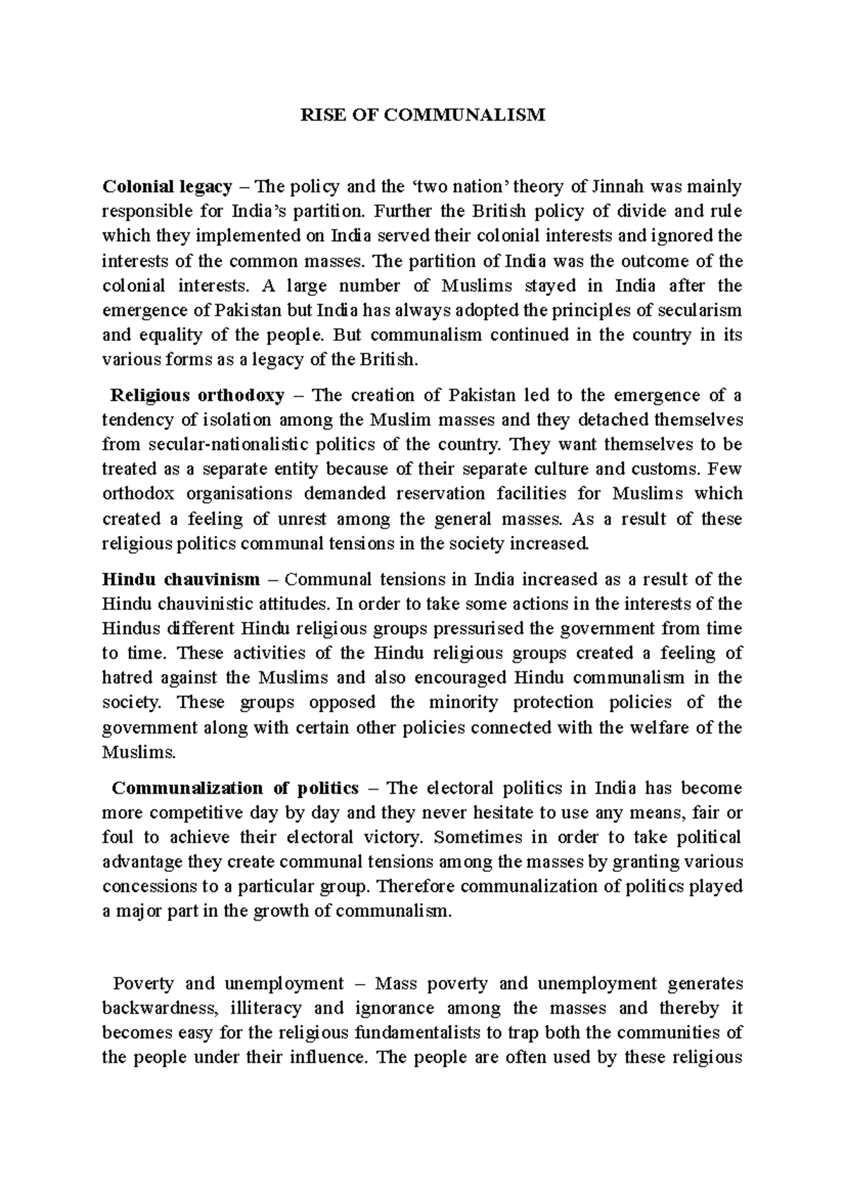RISE OF Communalism - Lecture notes 3 - RISE OF COMMUNALISM Colonial ...