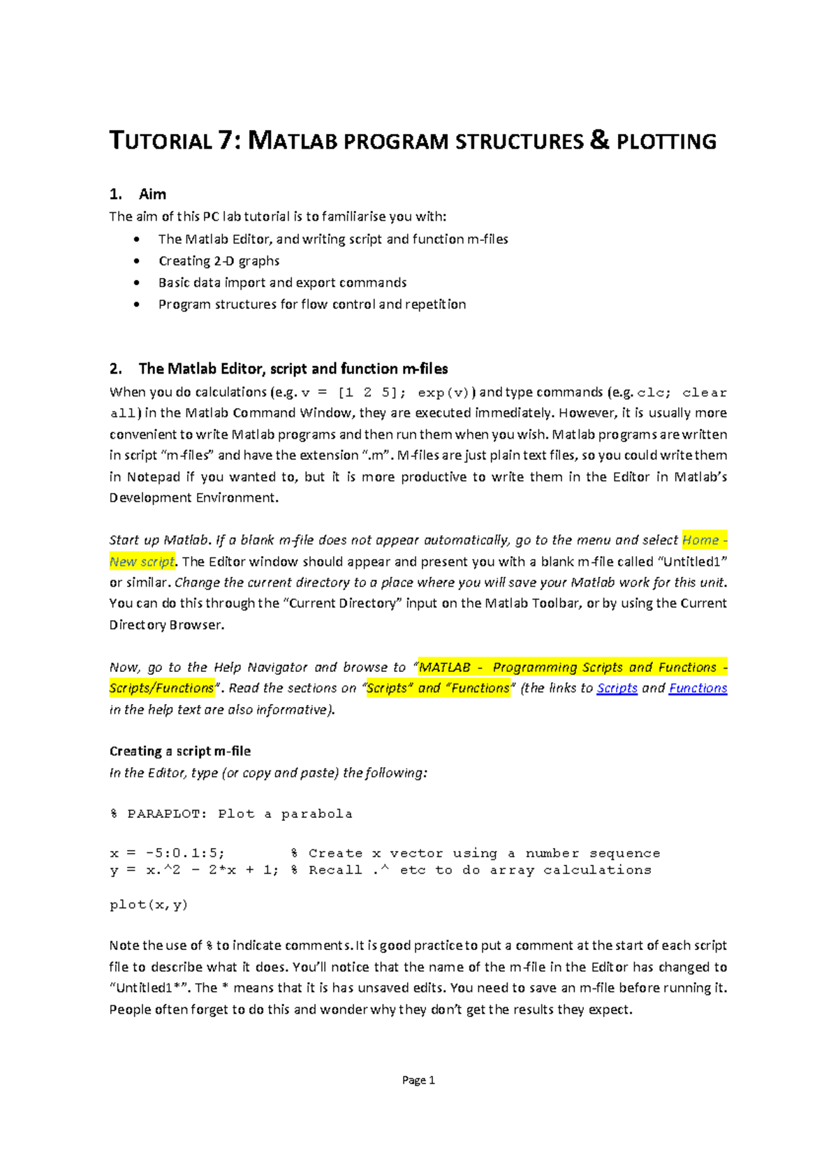 Matlab - Tutorial 2 - TUTORIAL 7: MATLAB PROGRAM STRUCTURES & PLOTTING ...