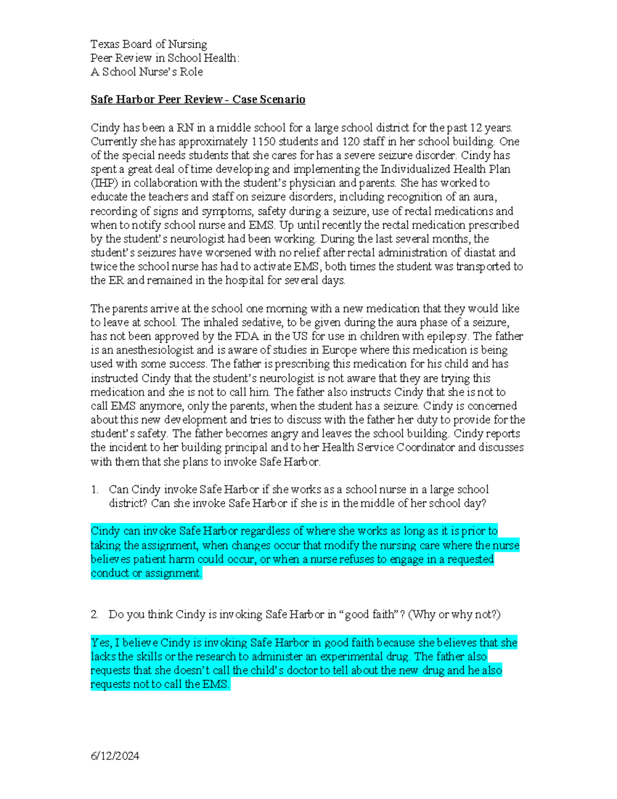 Safe Harbor Peer Review - Case Scenario Completed - Texas Board of ...
