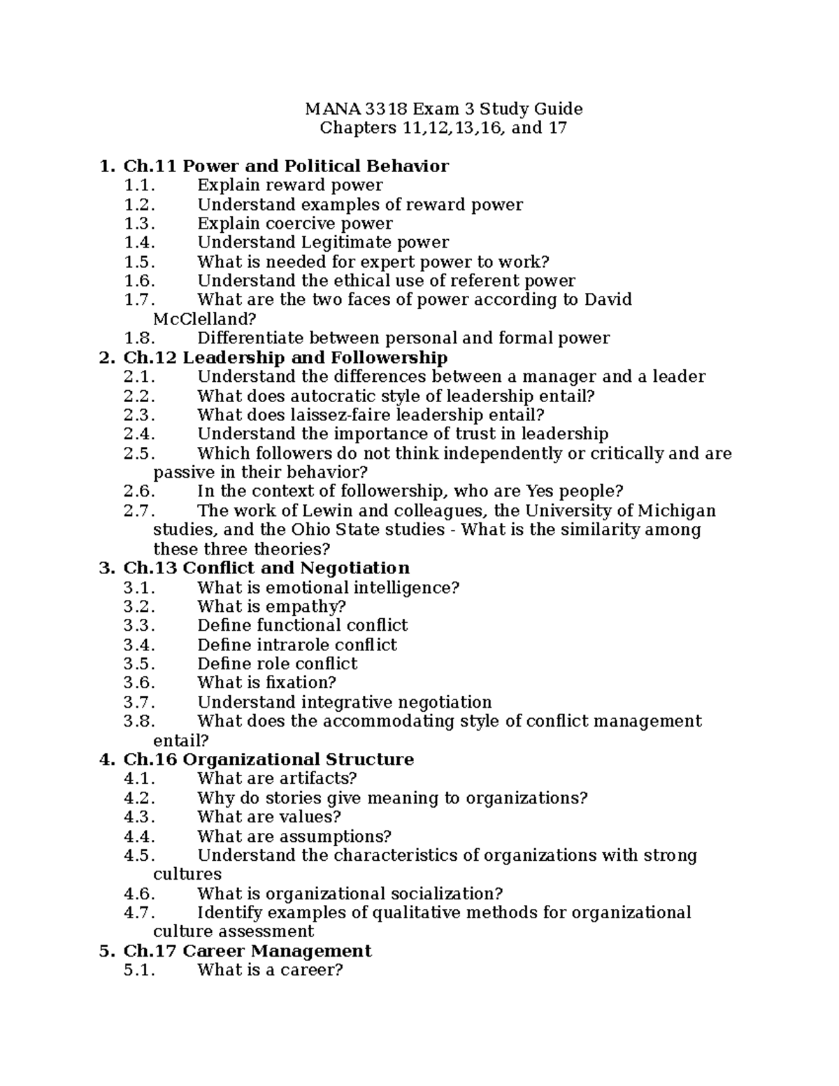 MANA 3318 Exam 3 Study Guide - MANA 3318 Exam 3 Study Guide Chapters 11 ...