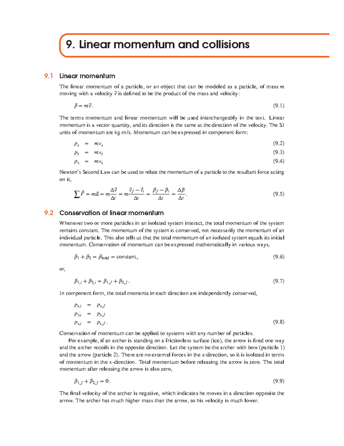 Week 9 - Lecture notes 9 - 9. Linear momentum and collisions 9 Linear ...
