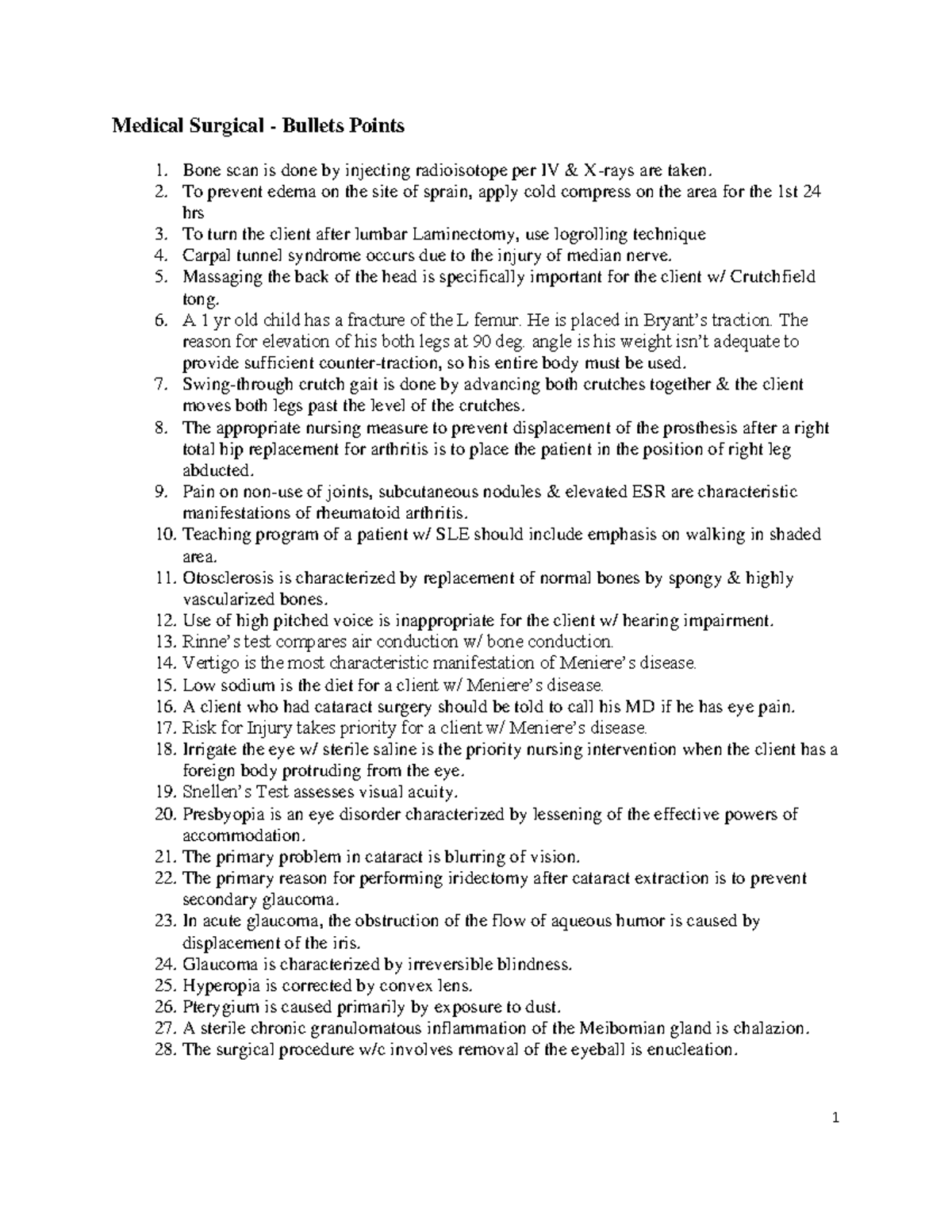 Bullets Med Surg - Lecture notes. - Medical Surgical - Bullets Points ...