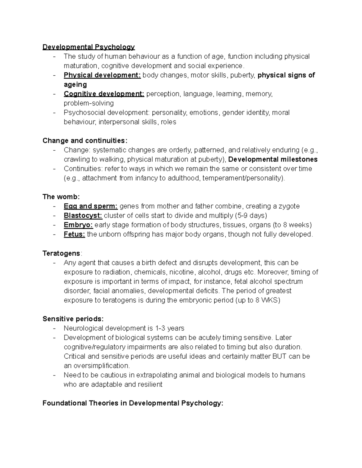 Week one - 2022 introduction to psychology notes - Developmental ...