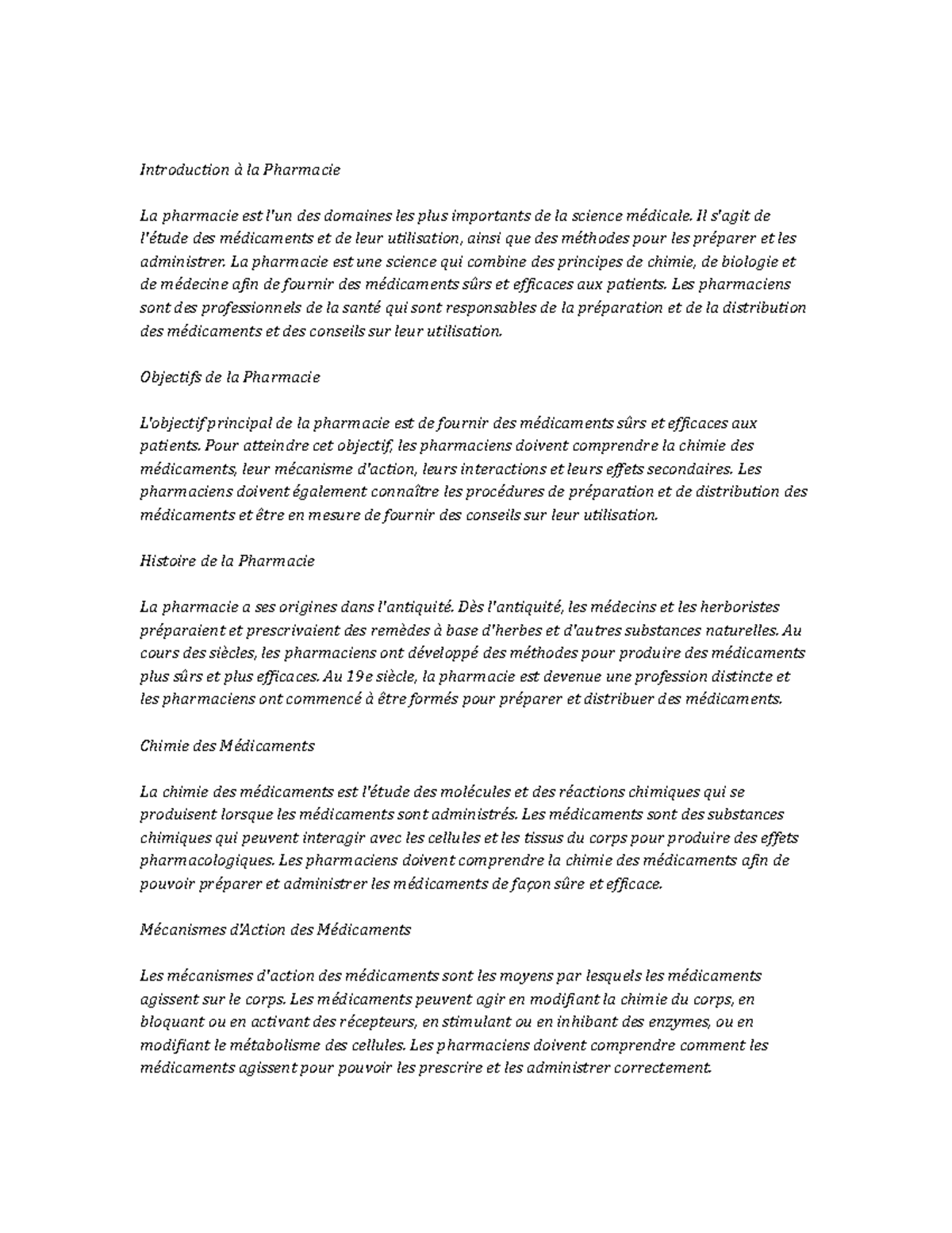 Pharmacy Study Notes - Introduction à la Pharmacie La pharmacie est l ...