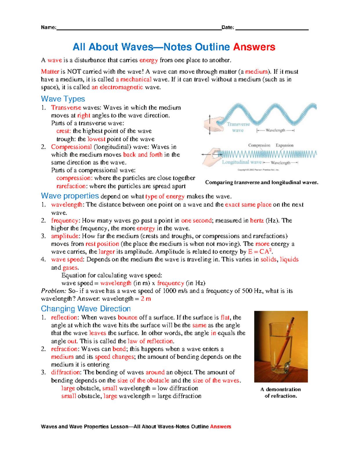 Waves - Science - Name: Date: All About Waves—Notes Outline Answers A ...