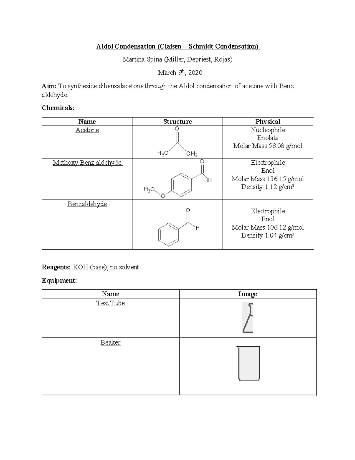 Orgo 2 full lab report 1 - Aldol Condensation (Claisen – Schmidt ...