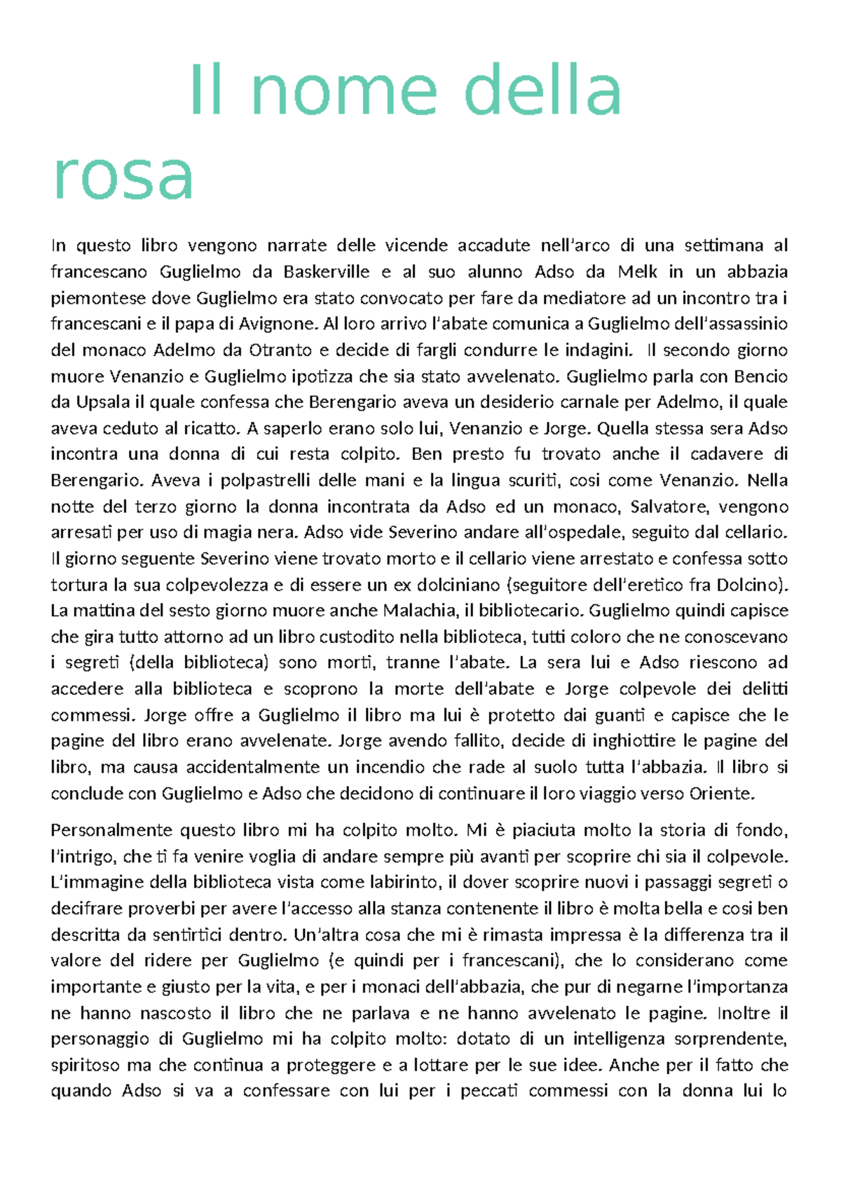 Il nome della rosaa - Riassunto e commento del libro. - Il nome della ...