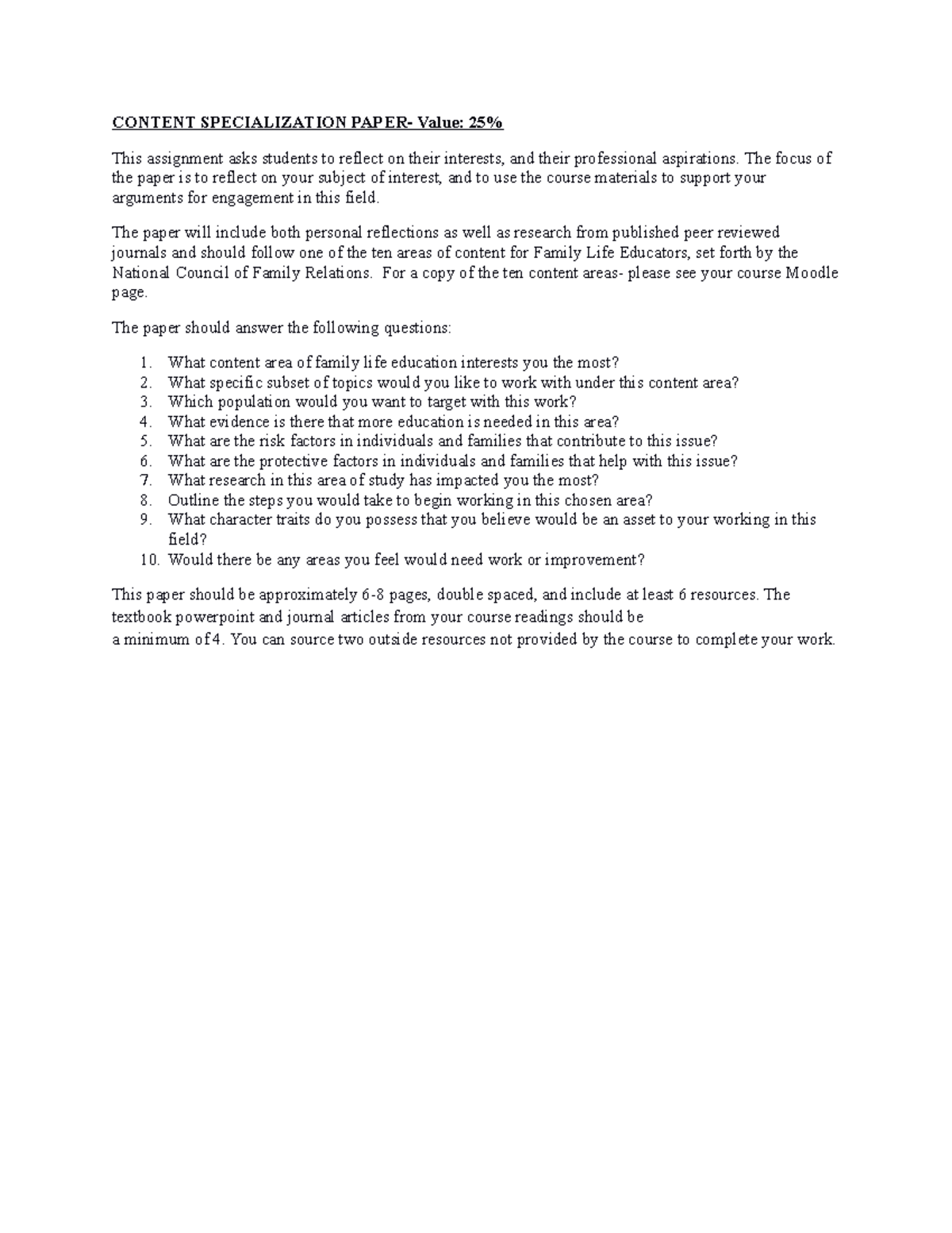 Content Specialization Paper - CONTENT SPECIALIZATION PAPER- Value: 25% ...