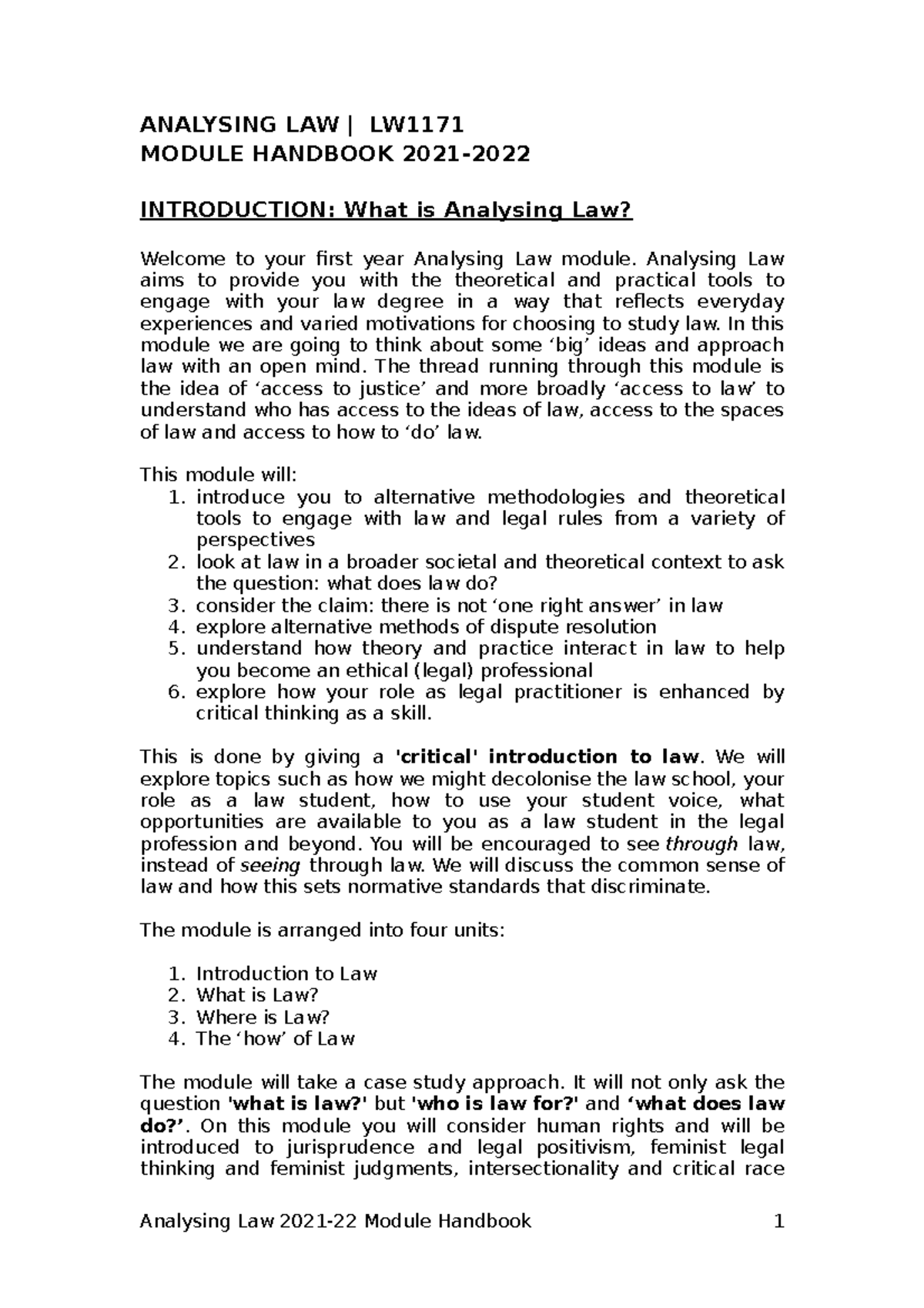 Analysing Law LW1171 Handbook 202122 - ANALYSING LAW | LW MODULE ...