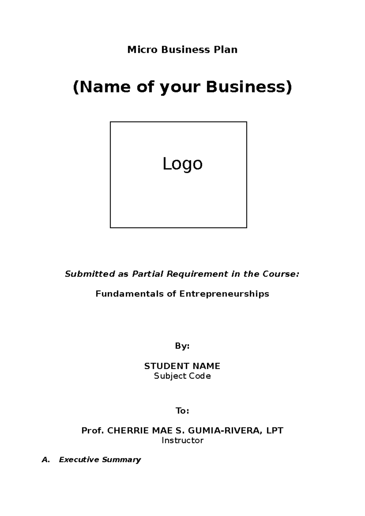 Micro Business Plan Format Layout - Micro Business Plan (Name of your ...