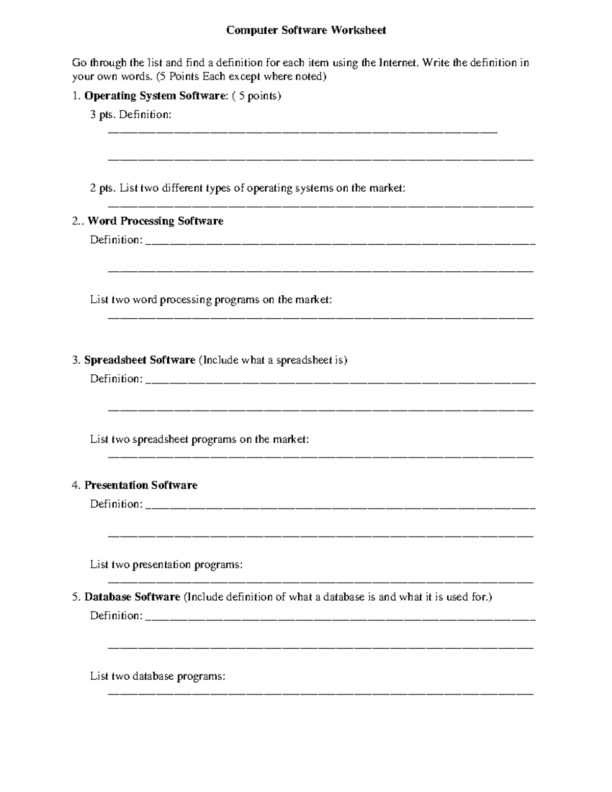 Computer Software Worksheet - Write the definition in your own words. (5 Points Each except ...