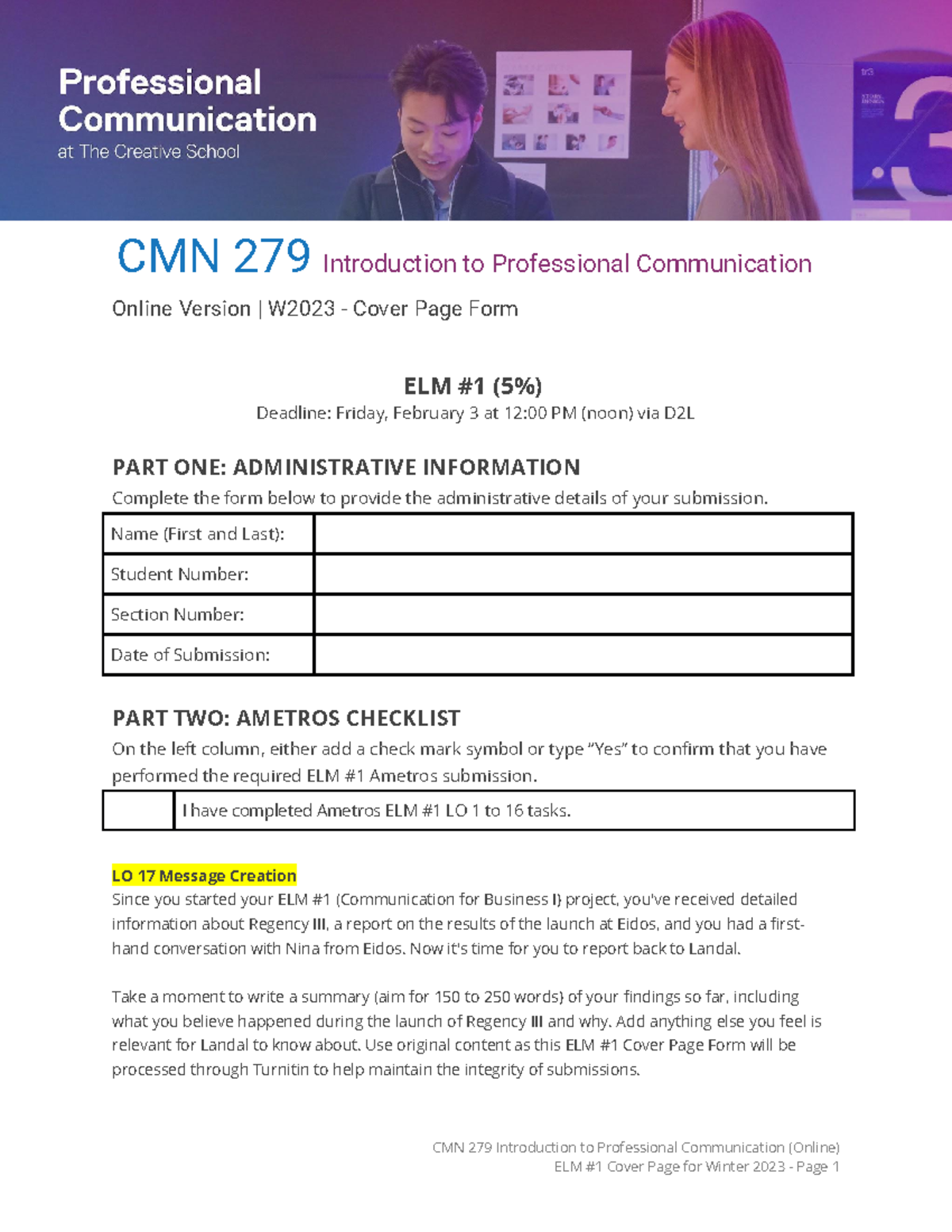 CMN 279 (Online) ELM #1 Cover Page Form - W20231 - CMN 279 Introduction ...