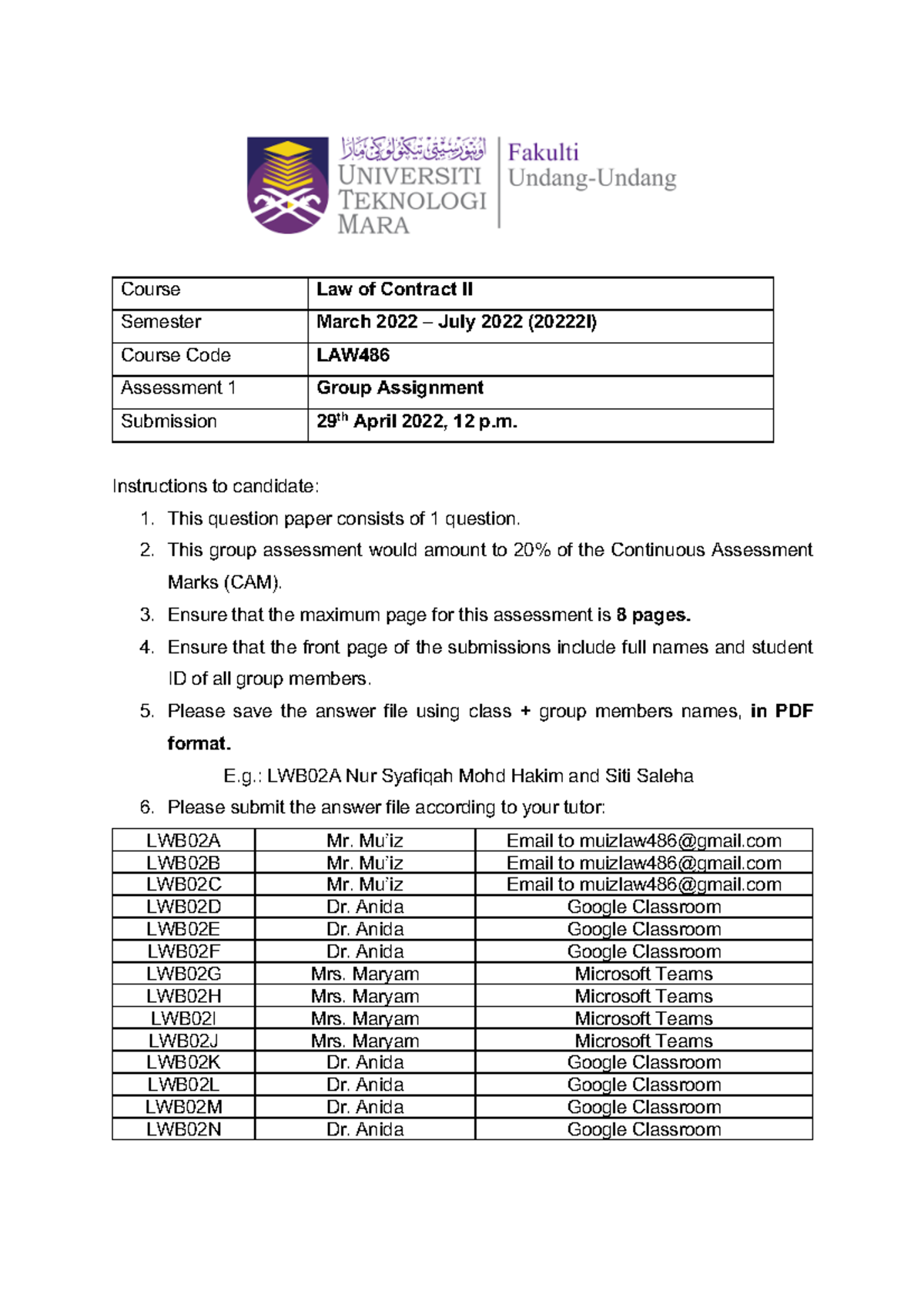 Assignment LAW486 April 2022 - Course Law of Contract II Semester March ...