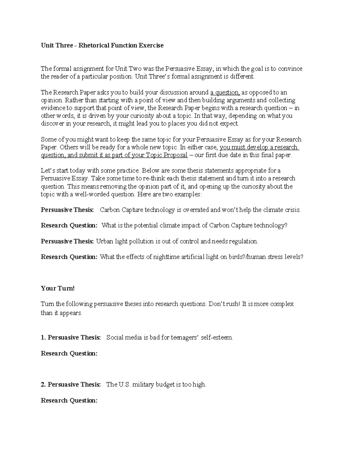 Exercise 1 241 - m ksjx - Unit Three - Rhetorical Function Exercise The ...