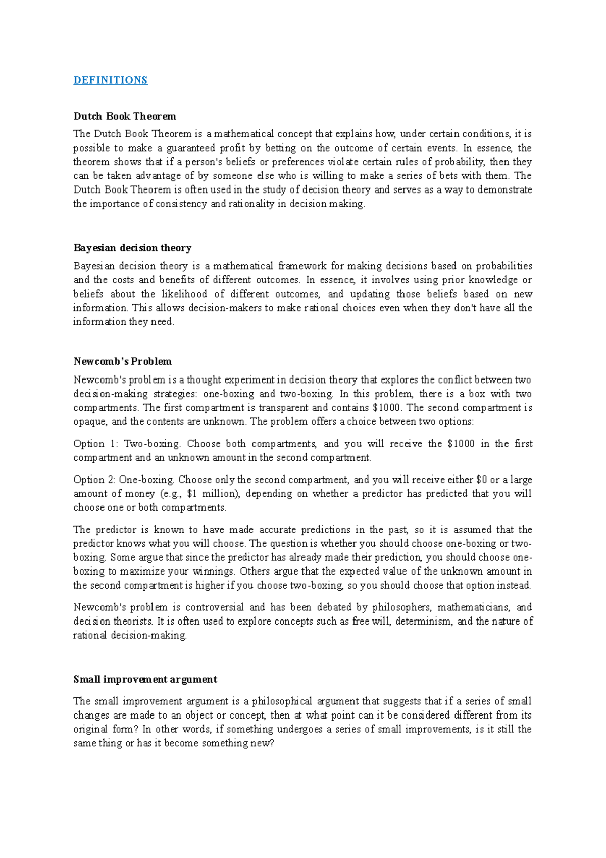 Study guide 4 answers - DEFINITIONS Dutch Book Theorem The Dutch Book ...