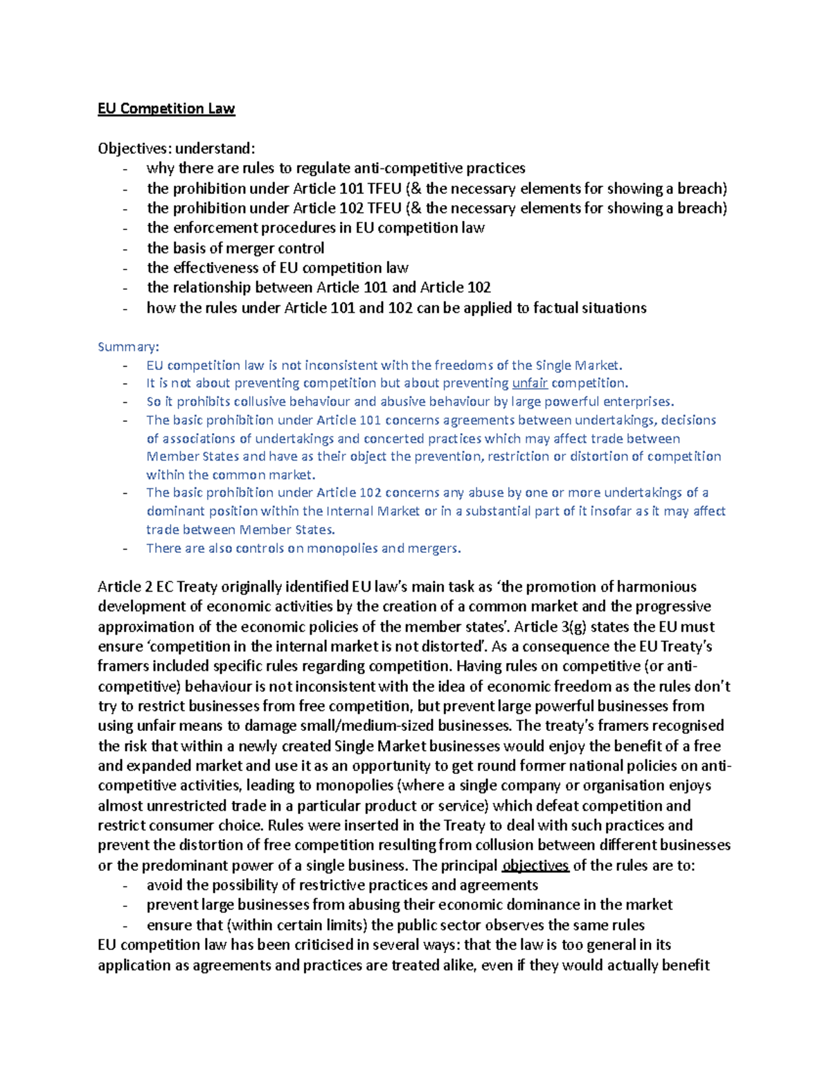 EU Competition Law - Tuition Notes - EU Competition Law Objectives ...