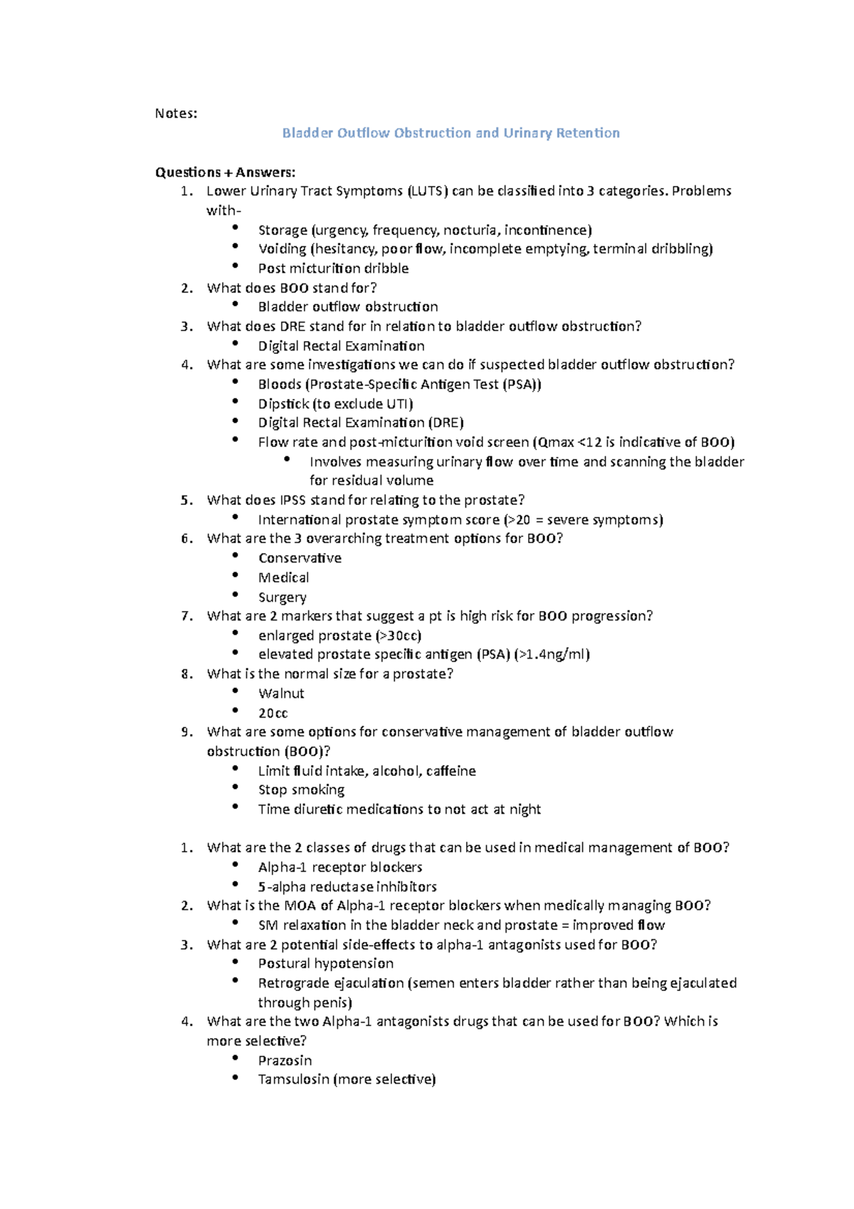 Bladder Outflow Obstruction and Urinary Retention - Notes: Bladder ...