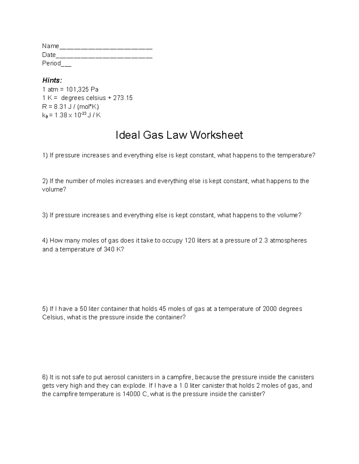 Ideal Gas Law Worksheet - Name__________________________ Date ...
