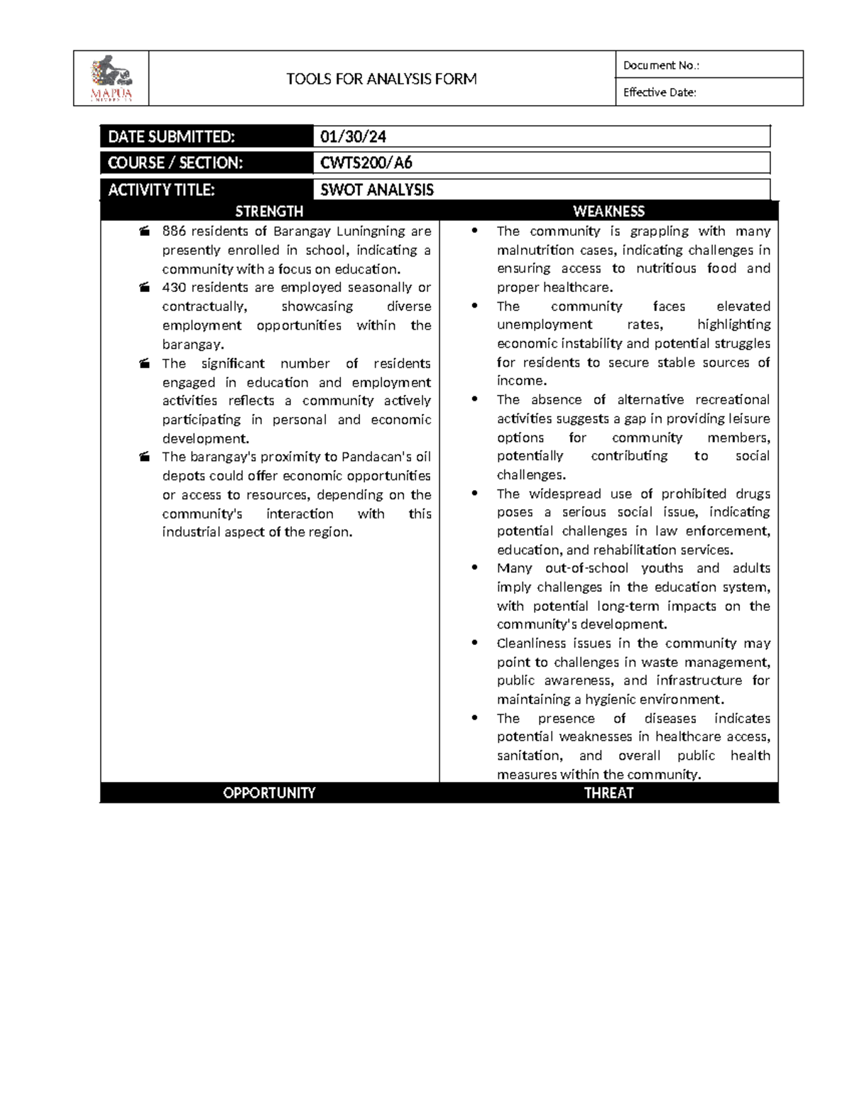 Swot analysis - cwts course reqs - TOOLS FOR ANALYSIS FORM Document No ...