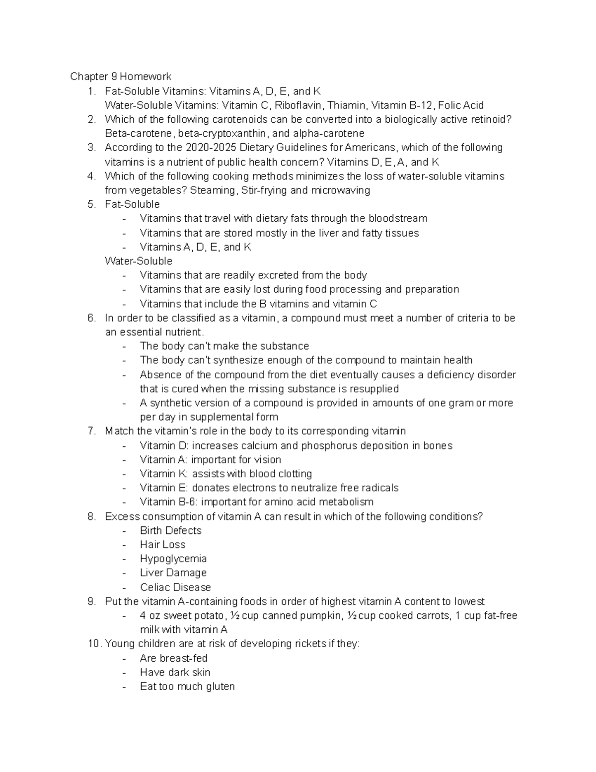 DHN 101 Chapter 9 Homework - Chapter 9 Homework 1. Fat-Soluble Vitamins ...