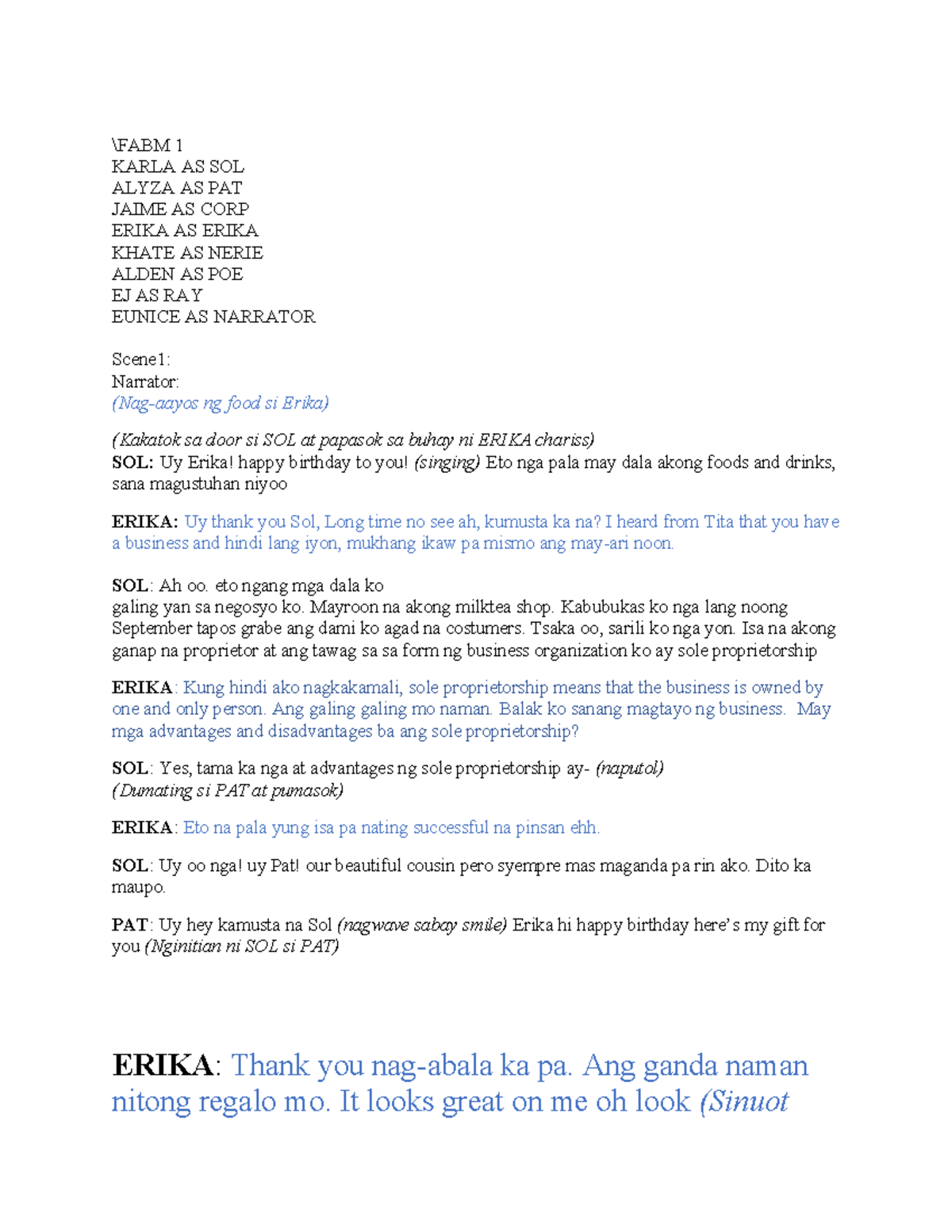 FABM 1 script - \FABM 1 KARLA AS SOL ALYZA AS PAT JAIME AS CORP ERIKA ...