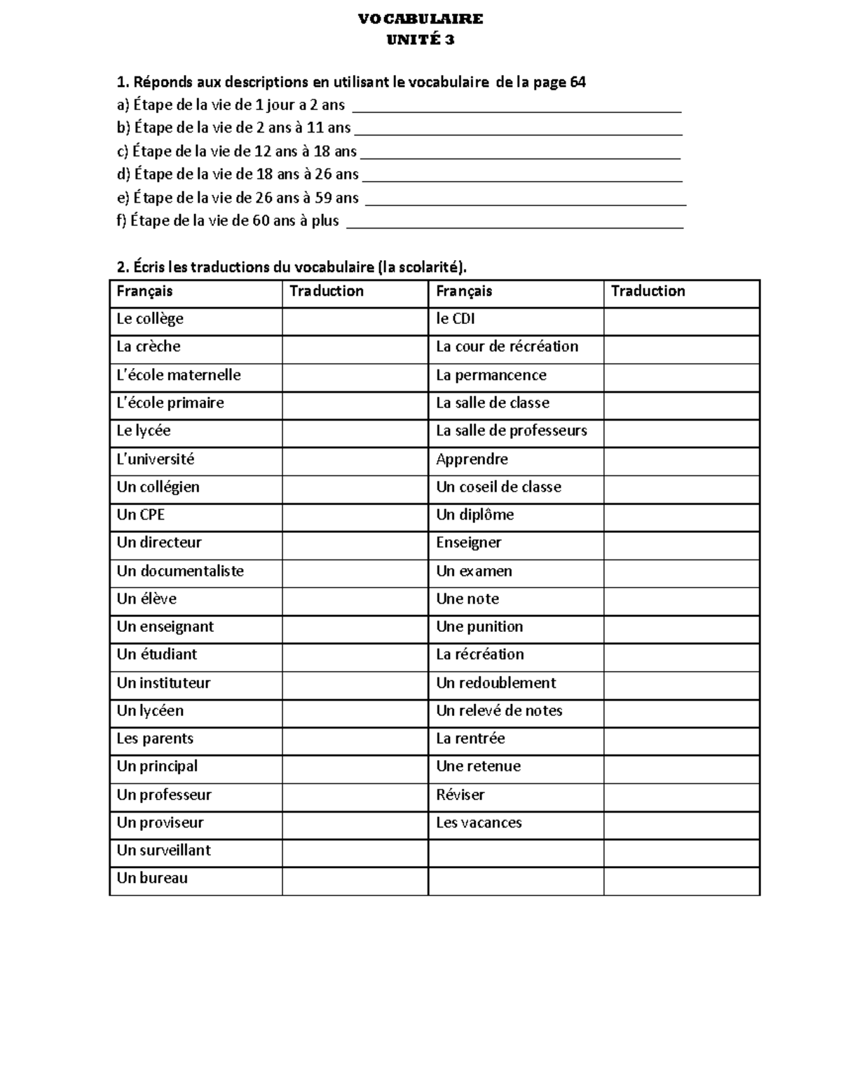 Vocabulaire Unité 3 e3 - VOCABULAIRE UNITÉ 3 Réponds aux descriptions ...