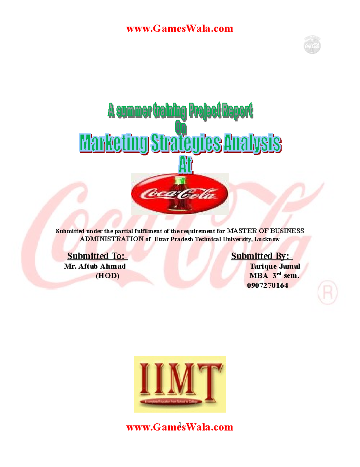 Project report of Coca cola 88348890 - Submitted under the partial ...