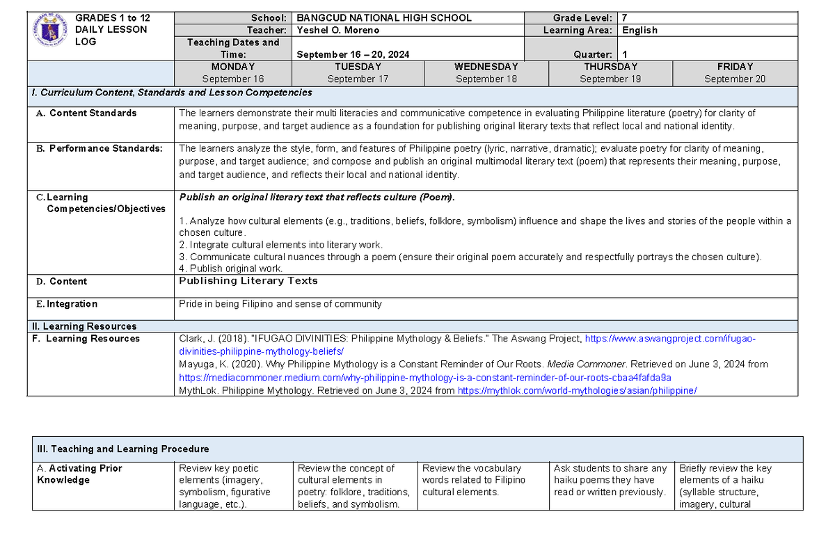 Week 8 - matatag curriculum - III. Teaching and Learning Procedure A. Activating Prior Knowledge ...
