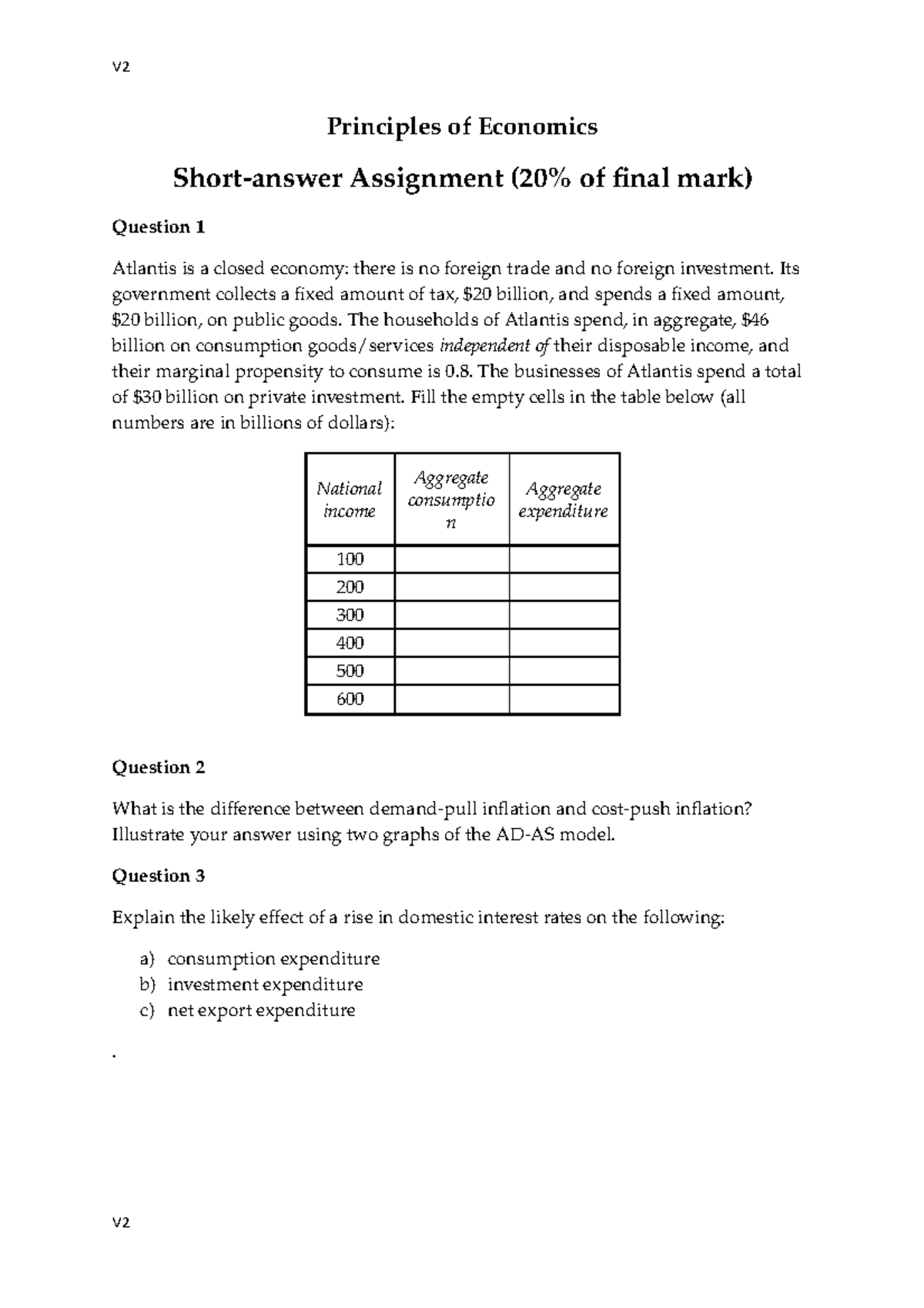Assignment Questions - V Principles of Economics Short-answer ...