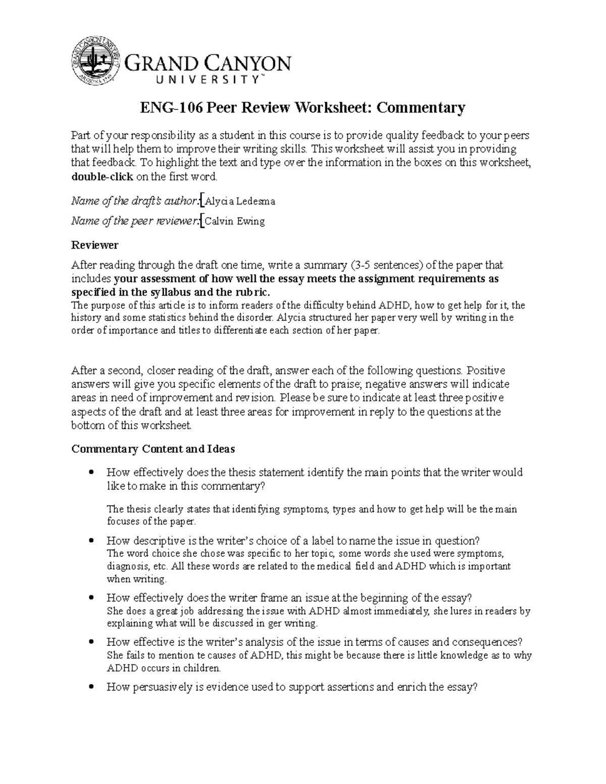 ENG105 Commentary Peer Review Worksheet (1) (1) - ENG-106 Peer Review ...