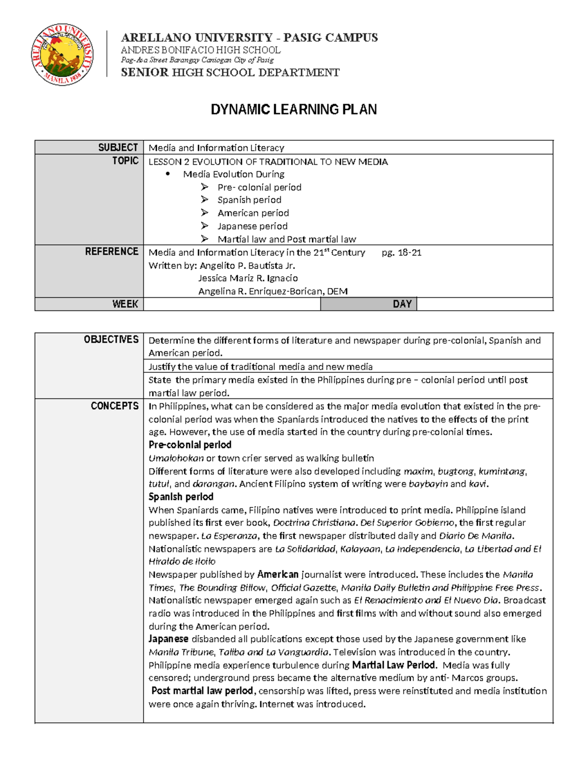 DLP 4 - Daily lesson for Senior High schools students - ARELLANO ...