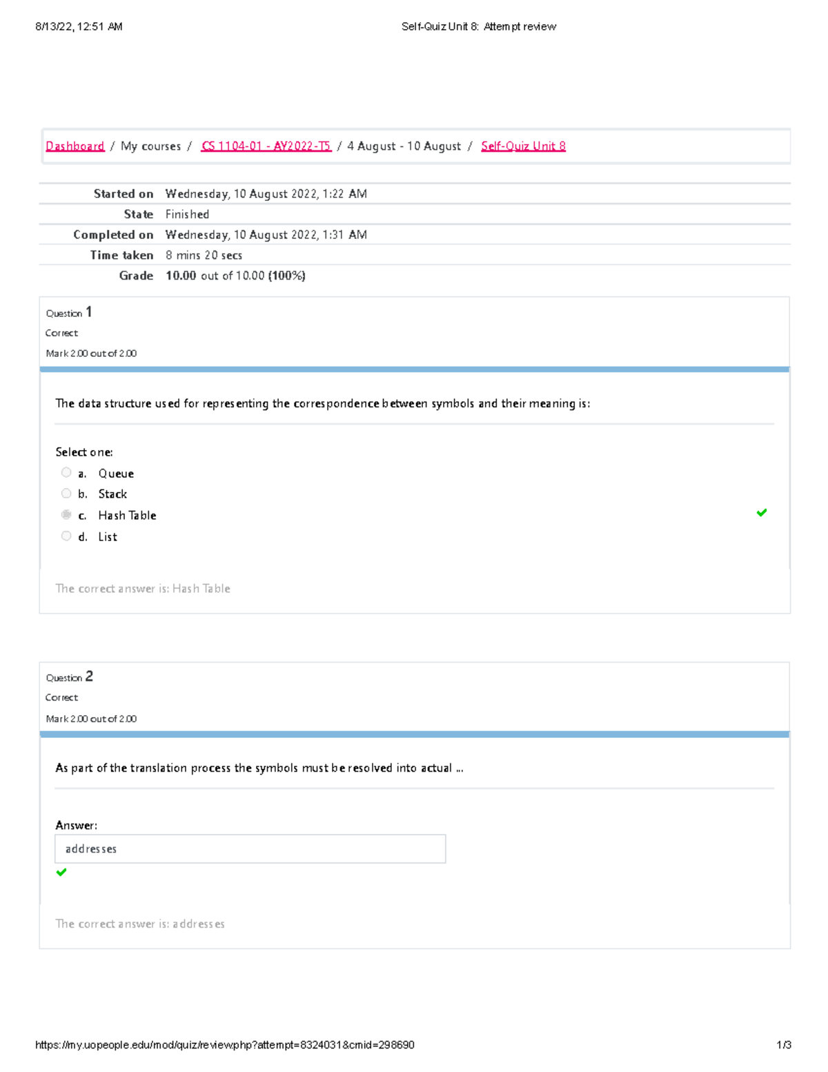 Self-Quiz Unit 8 Attempt review - 8/13/22, 12:51 AM Self-Quiz Unit 8: Attempt review - Studocu