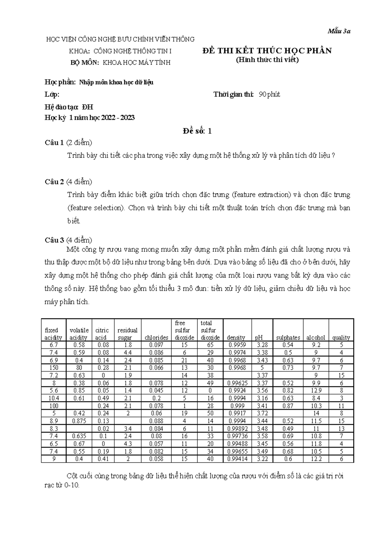 KHDL - Đề 1 - không - Mẫu 3a HỌC VIỆN CÔNG NGHỆ BƯU CHÍNH VIỄN THÔNG ...