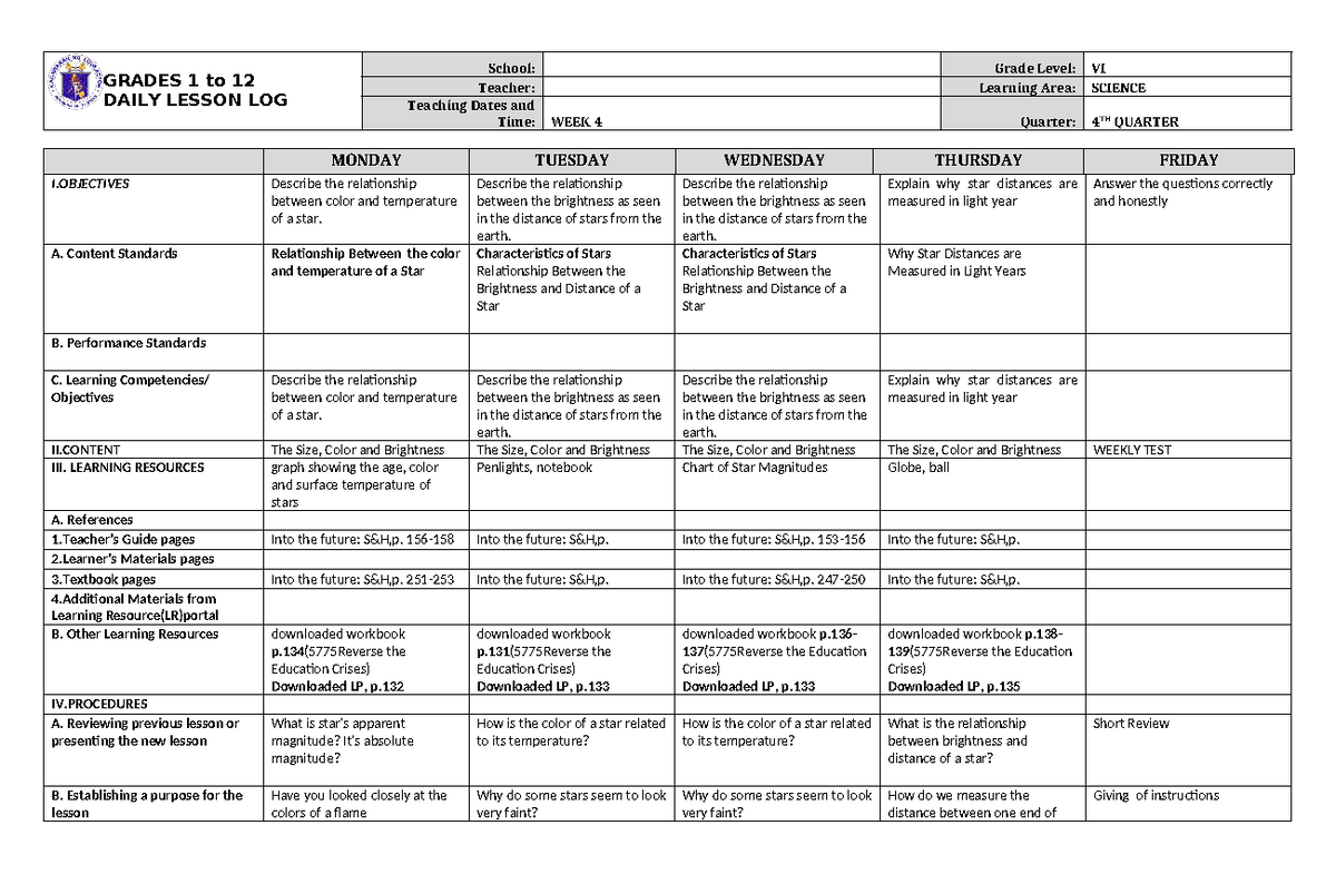 Grade 6 DLL Science 6 Q4 Week 4 - GRADES 1 to 12 DAILY LESSON LOG ...