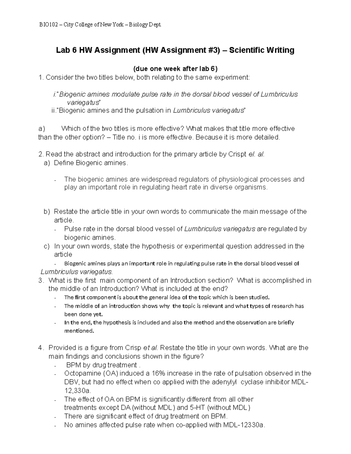 Lab6 HW Assignment - BIO102 – City College of New York – Biology Dept. Lab 6 HW Assignment (HW ...