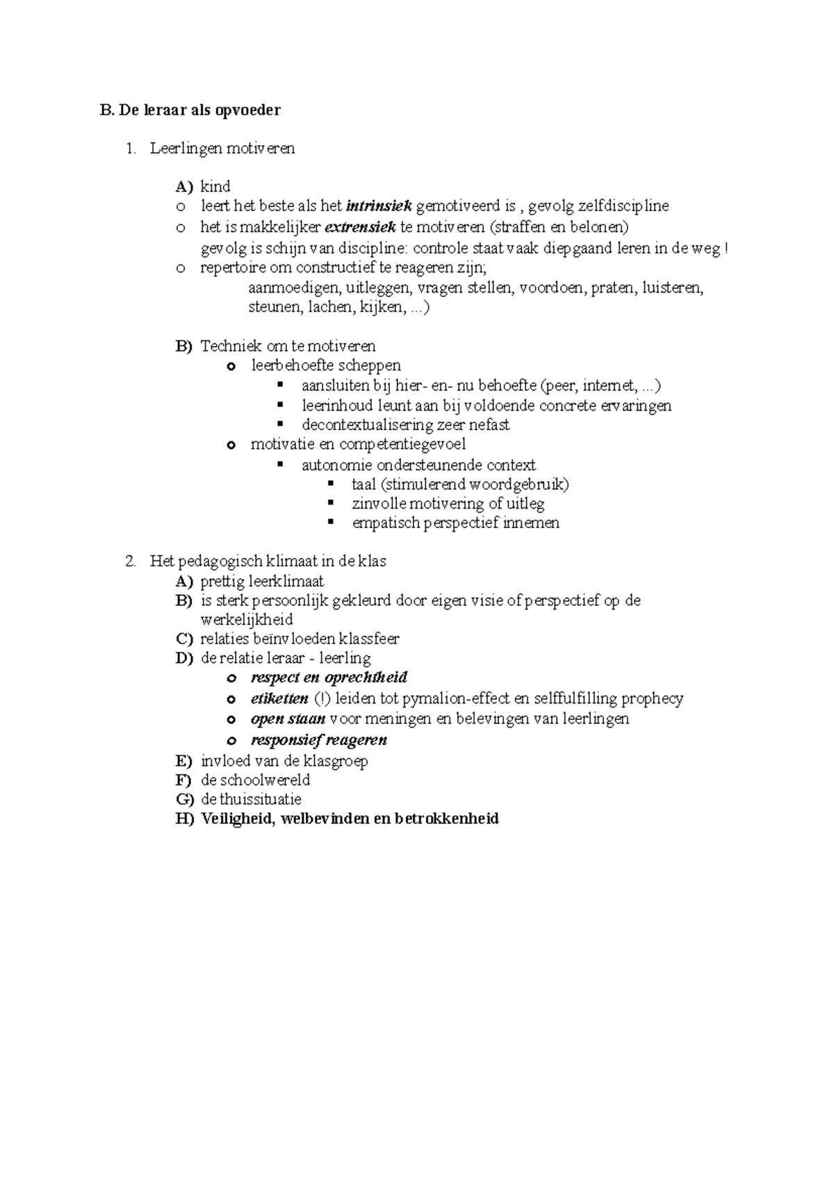 Samenvatting - De leraar als opvoeder - B. De leraar als opvoeder 1 ...