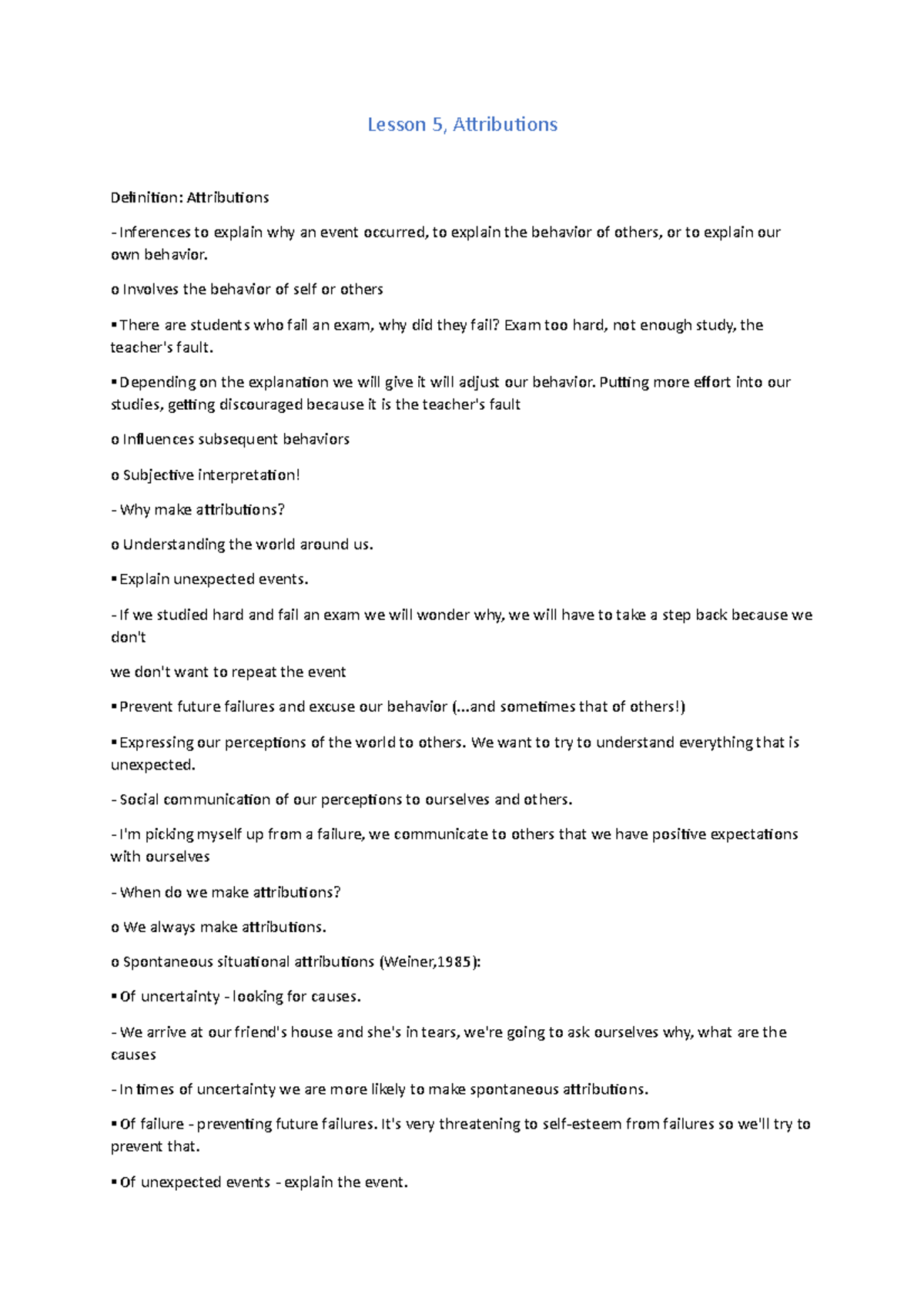 Lesson 5 - Lesson 5, Attributions Definition: Attributions Inferences ...