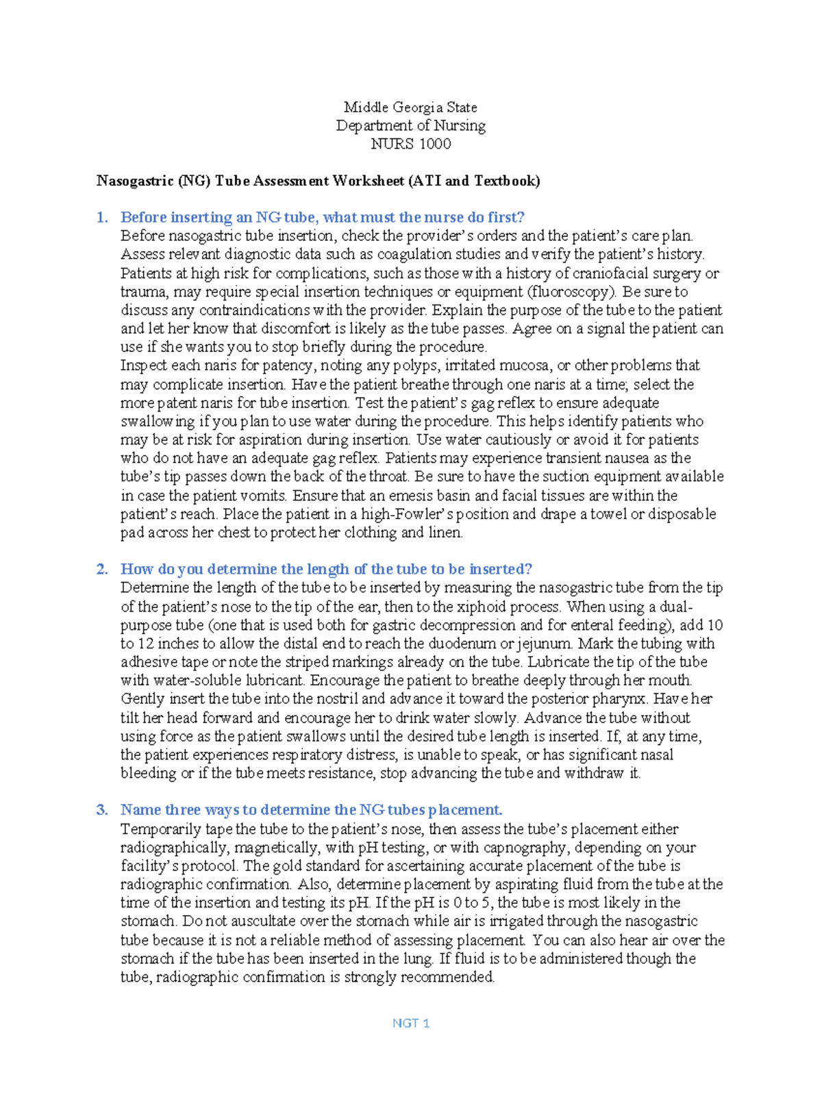 NG Tube Worksheet Answers - Middle Georgia State Department of Nursing ...