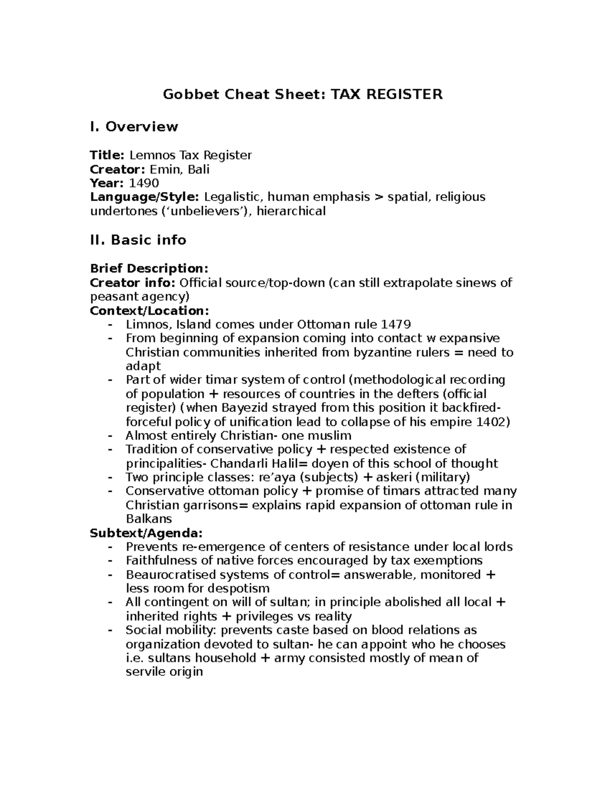 Gobbets- TAX Register - topic summary - Gobbet Cheat Sheet: TAX ...