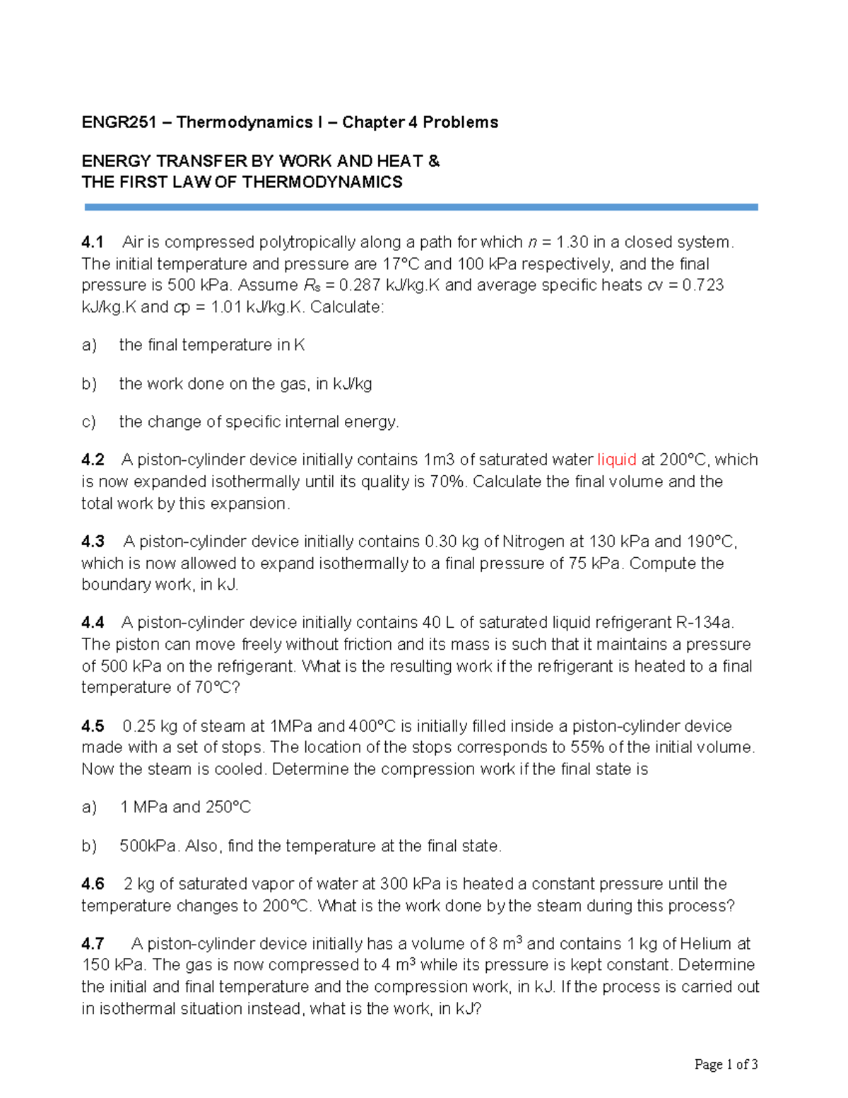 Chapter 4 Problems - ENGR 251 – Thermodynamics I – Chapter 4 Problems ...