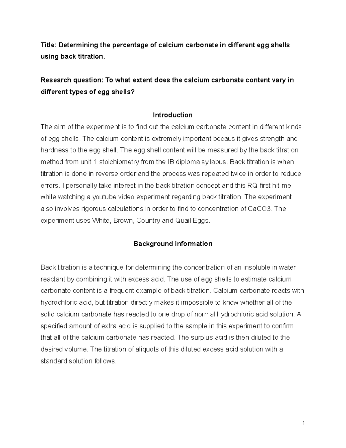Chemistry lab report - Title: Determining the percentage of calcium ...