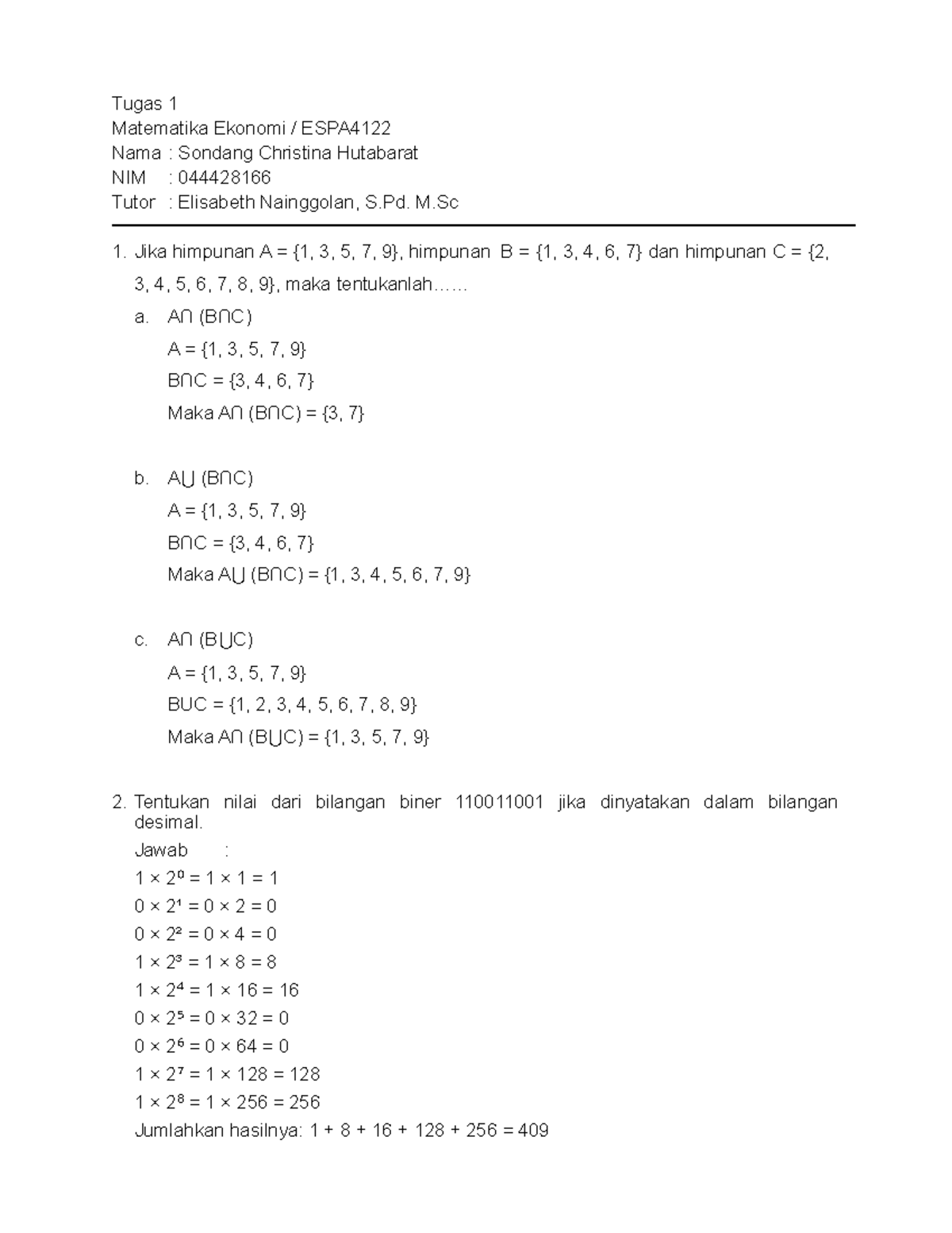 Tugas 1 A.N Sondang Christina Hutabarat 044428166 - Tugas 1 Matematika Ekonomi / ESPA Nama ...