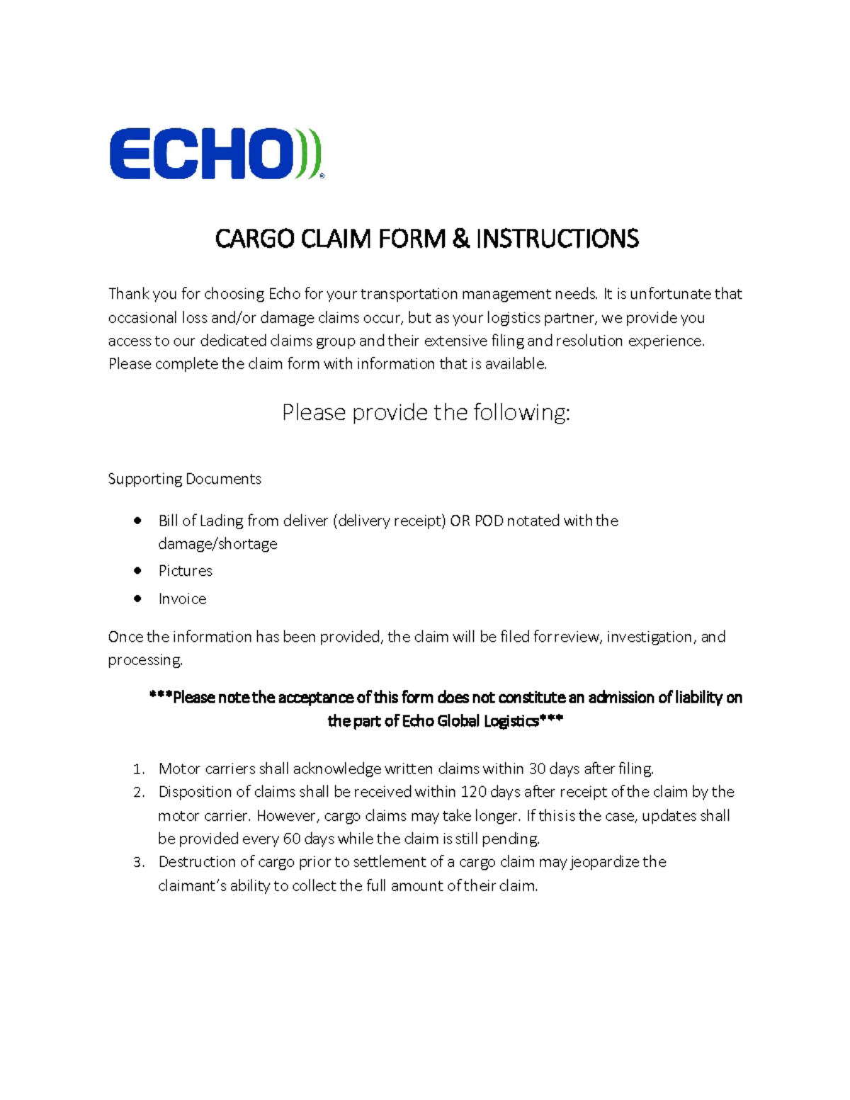 Echo claim form - Word - CARGO CLAIM FORM & INSTRUCTIONS Thank you for ...