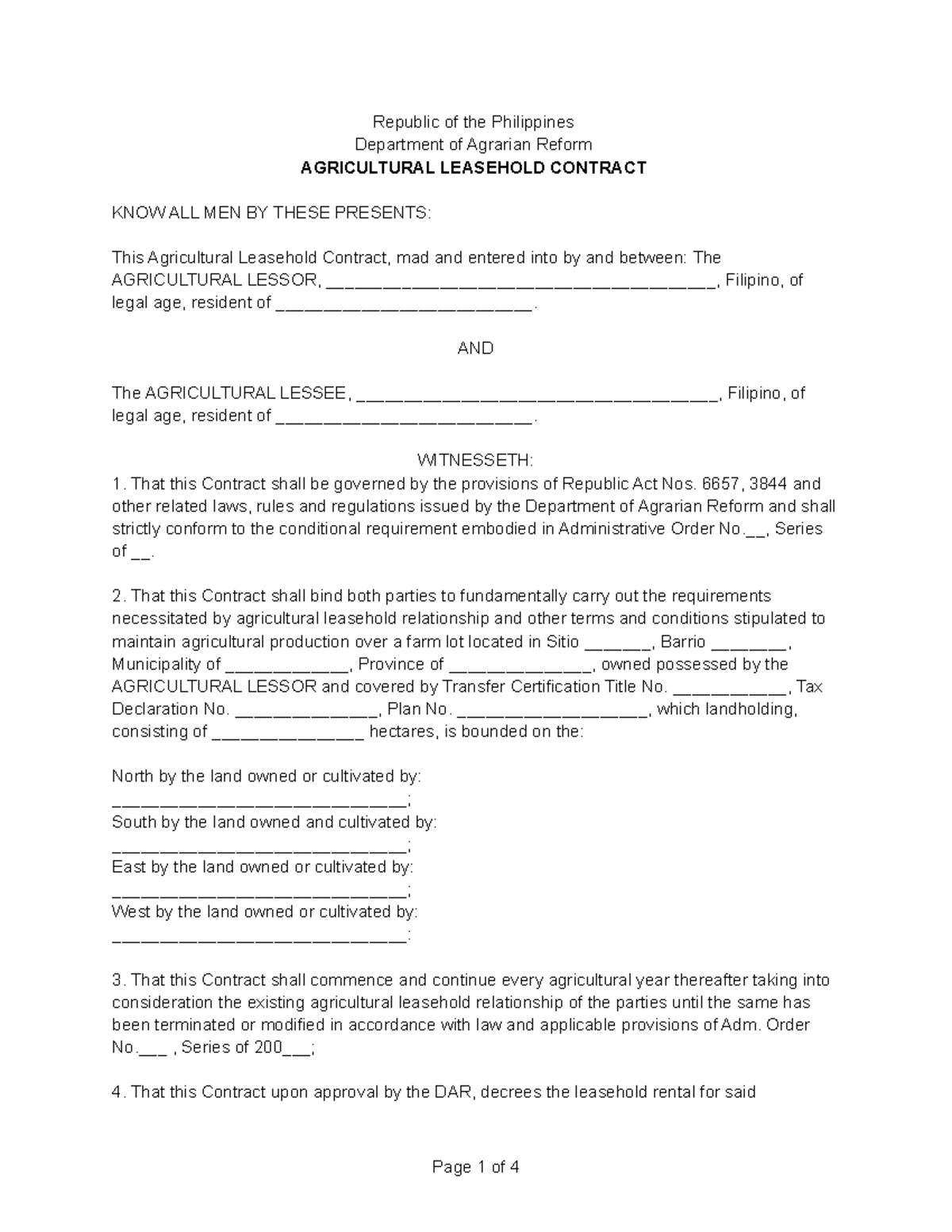 Agricultural Leashold Contract - AND The AGRICULTURAL LESSEE, - Studocu