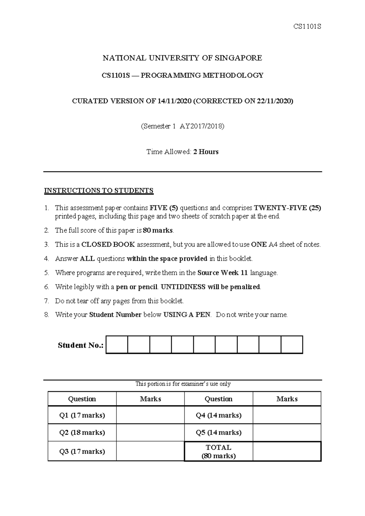 Exam 2017, questions - NATIONAL UNIVERSITY OF SINGAPORE CS1101S — PROGRAMMING METHODOLOGY ...