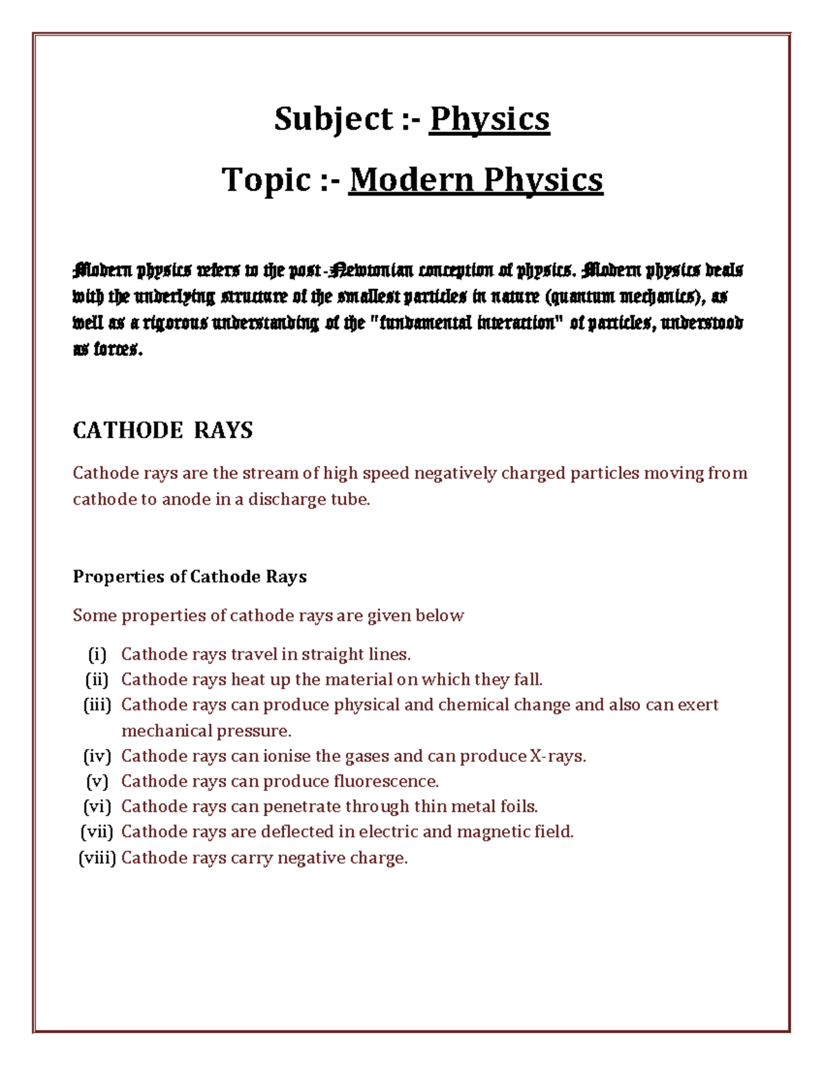 Modern Physics class notes - Subject :- Physics Topic :- Modern Physics ...