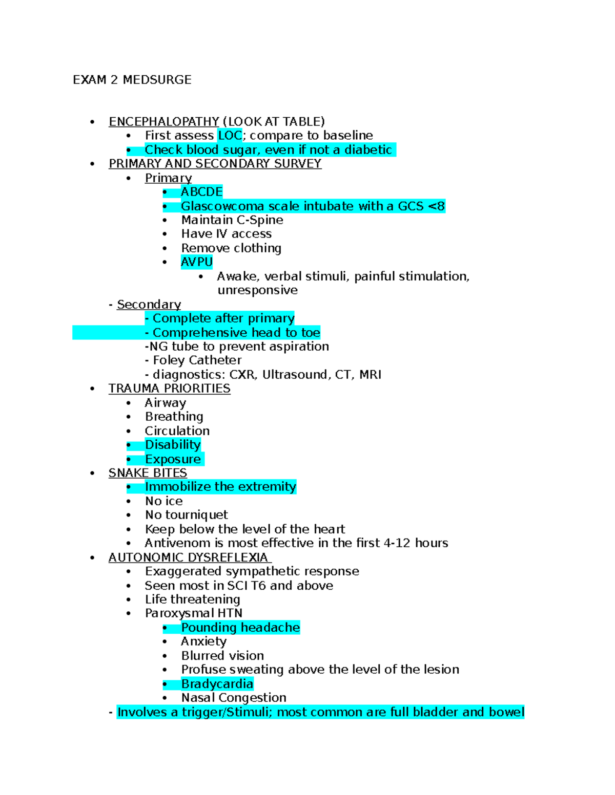 EXAM 2 Medsurge - Study guide and tips - EXAM 2 MEDSURGE ENCEPHALOPATHY (LOOK AT TABLE) First ...